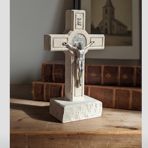 St. Benedict Limestone Standing Cross: With Medal on the Front and on ...