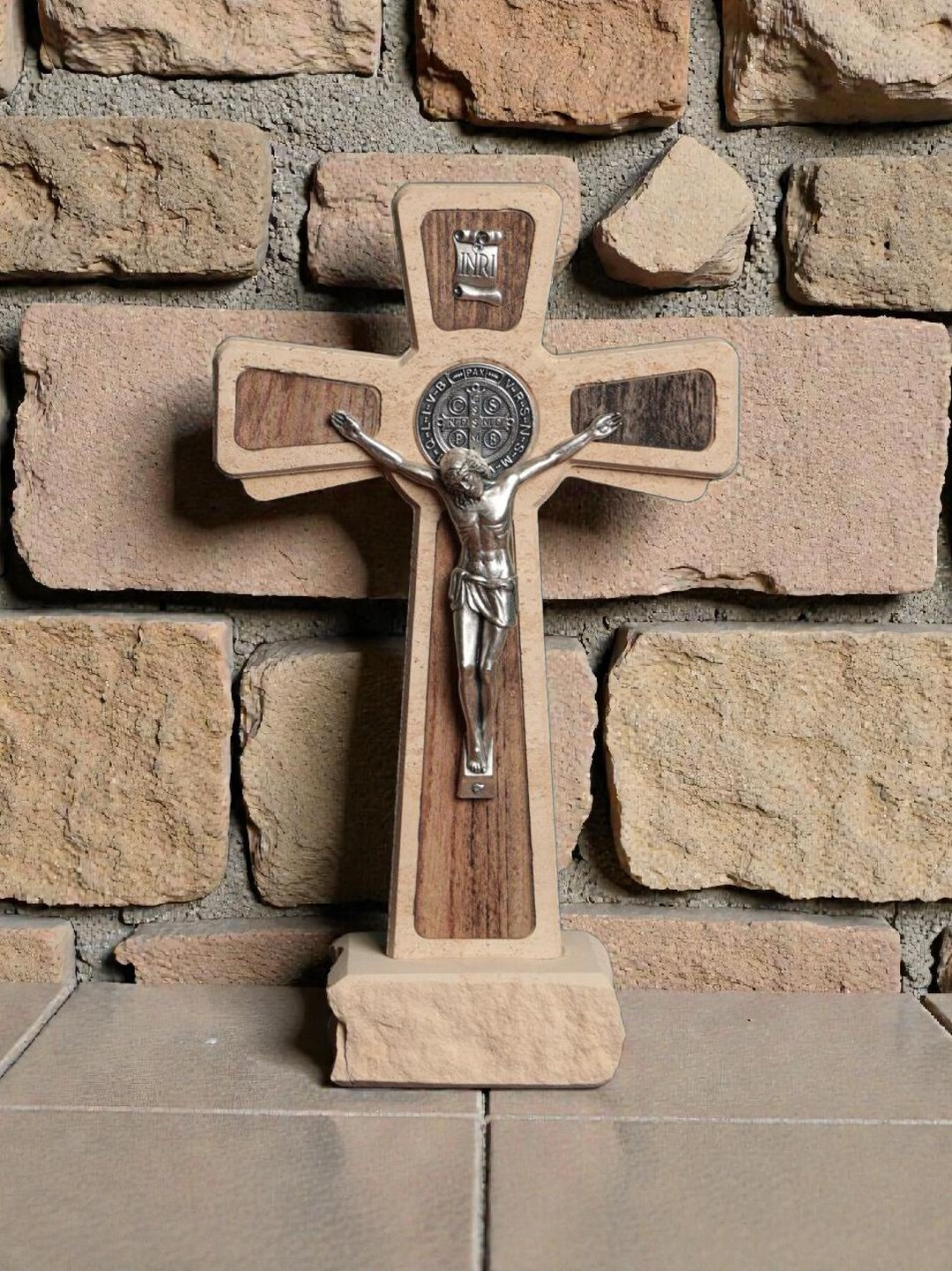 St. Benedict Limestone Standing Cross: Unique Wood Inlay - Etsy Australia