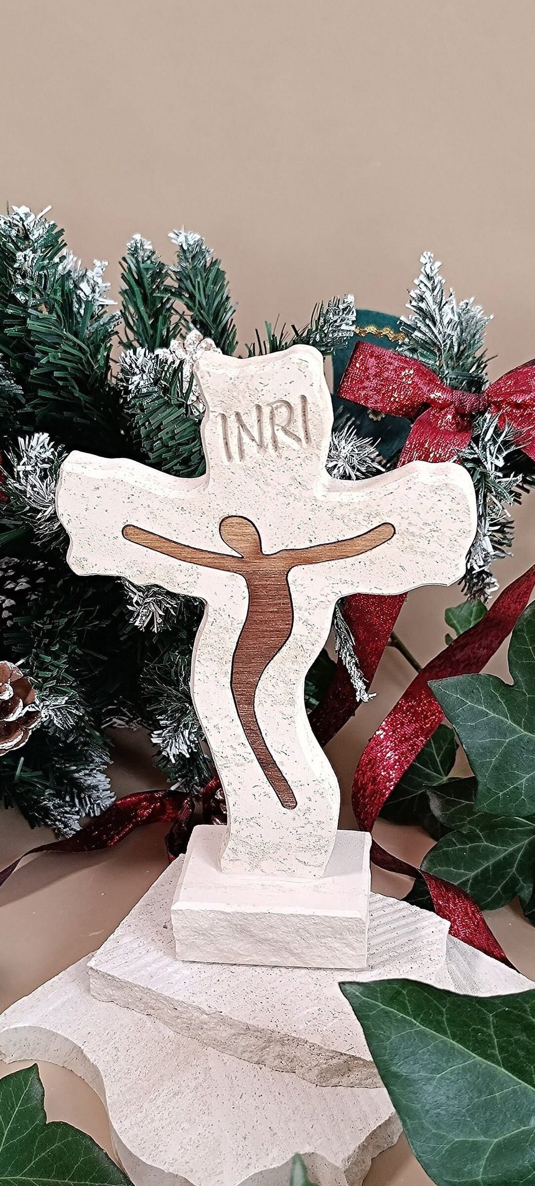 Stone and Wood Standing Cross, Art Work Cross, Catholic Art, Religious ...