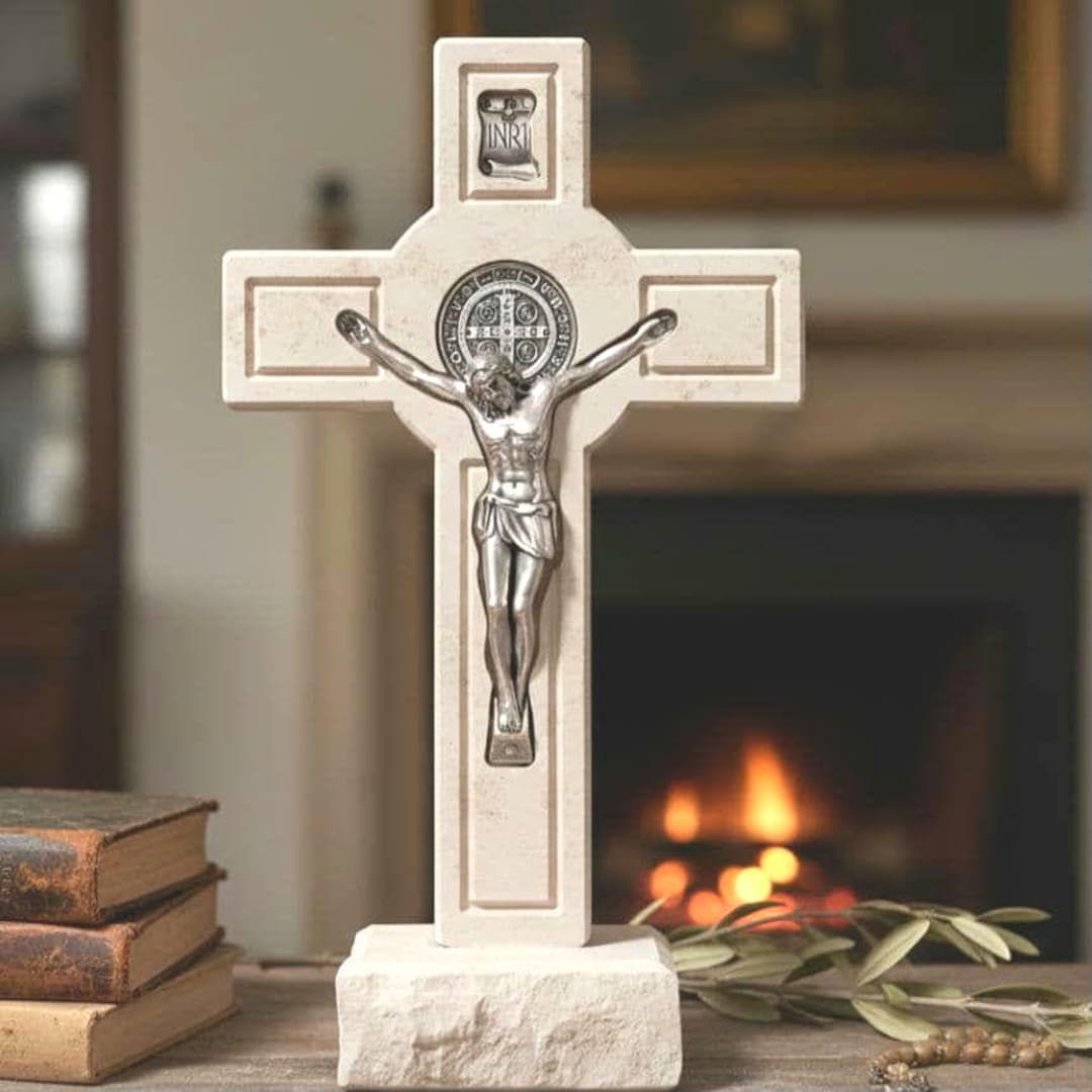 St. Benedict Limestone Standing Cross: With Medal on the Front and on ...