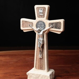 St. Benedict Limestone Standing Cross: Unique Wood Inlay - Etsy Australia