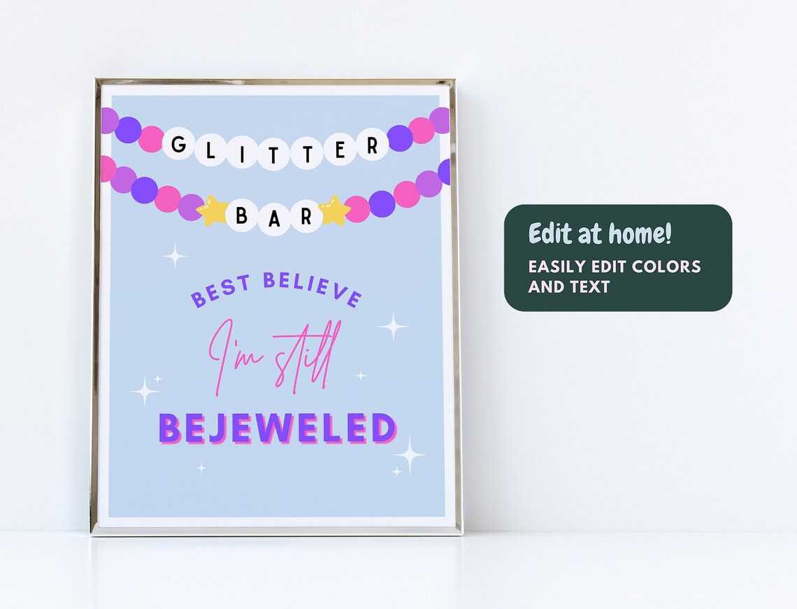 Bejeweled Glitter Bar Sign Printable Taylor Swift Birthday Party Sign ...