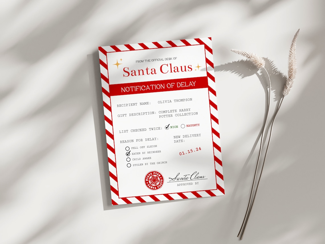 Editable Delayed Gift Notice | Late Christmas Gift Letter From Santa ...
