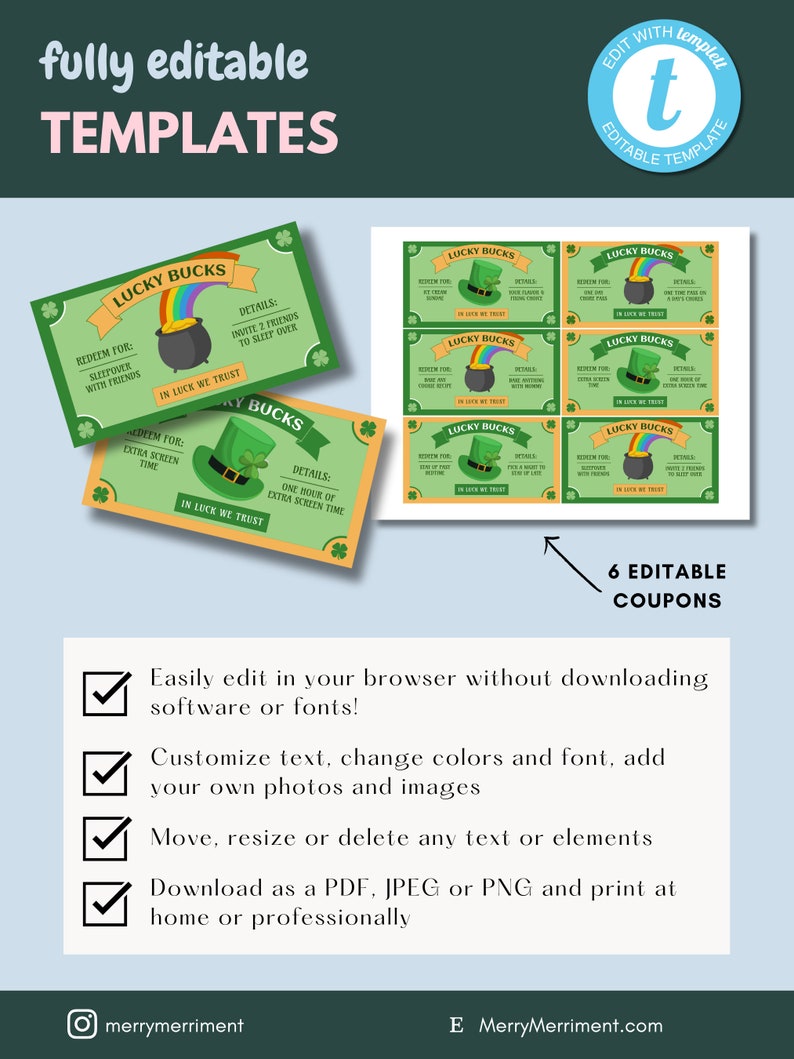 Printable St. Patrick's Day Coupons | Lucky Bucks, Gift for Kid, Saint ...