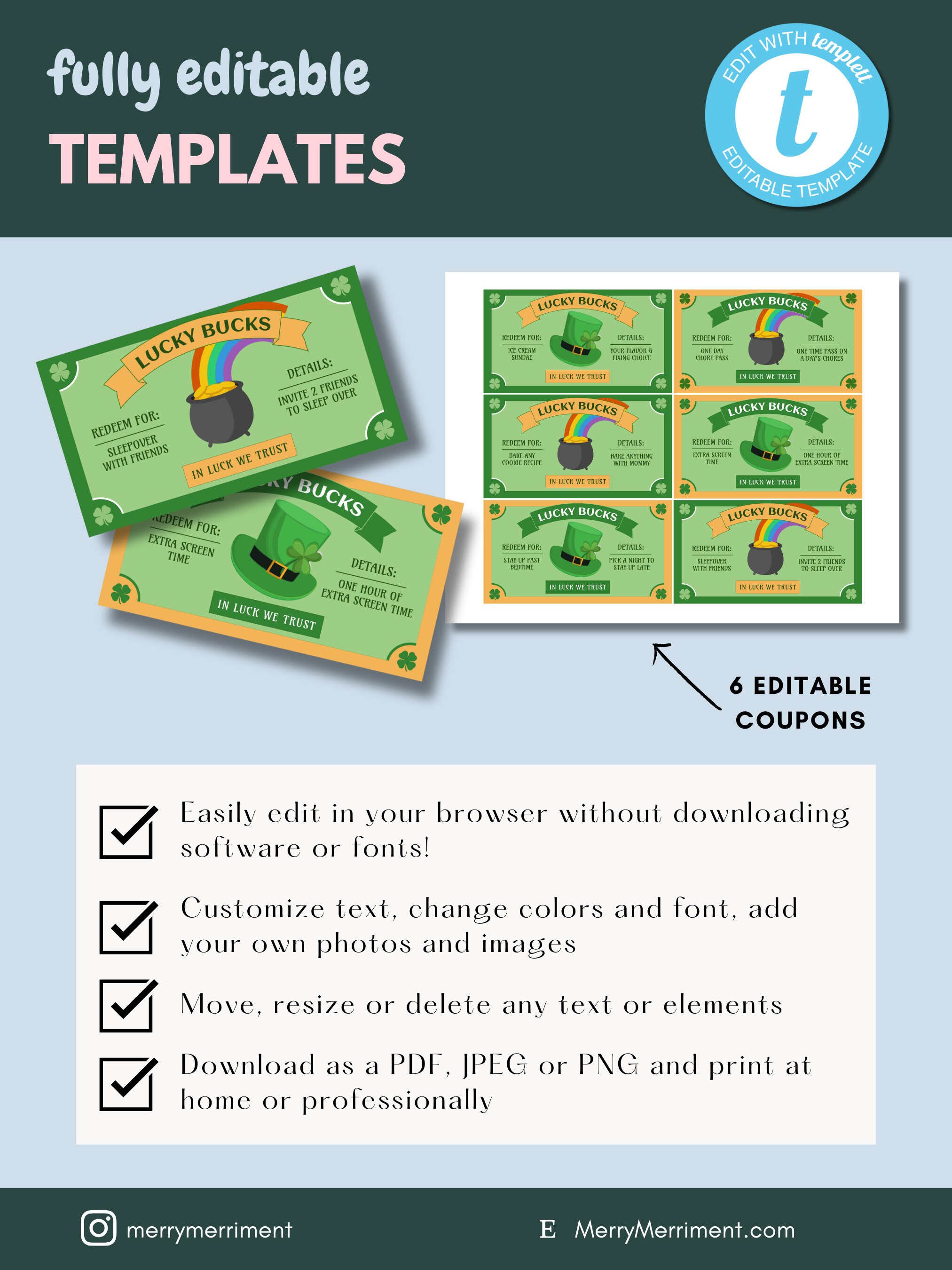 Printable St. Patrick's Day Coupons Lucky Bucks, Gift for Kid, Saint ...