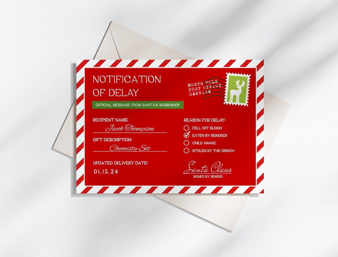 Editable Notification of Delay Postcard | Late Christmas Gift Letter ...