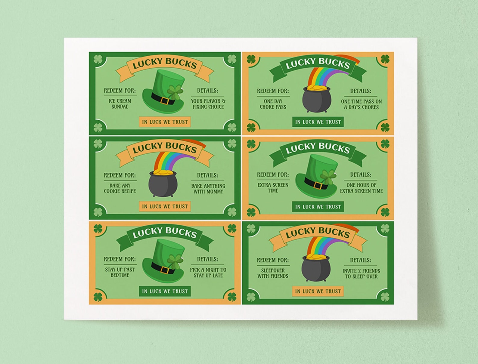 Printable St. Patrick's Day Coupons | Lucky Bucks, Gift for Kid, Saint ...