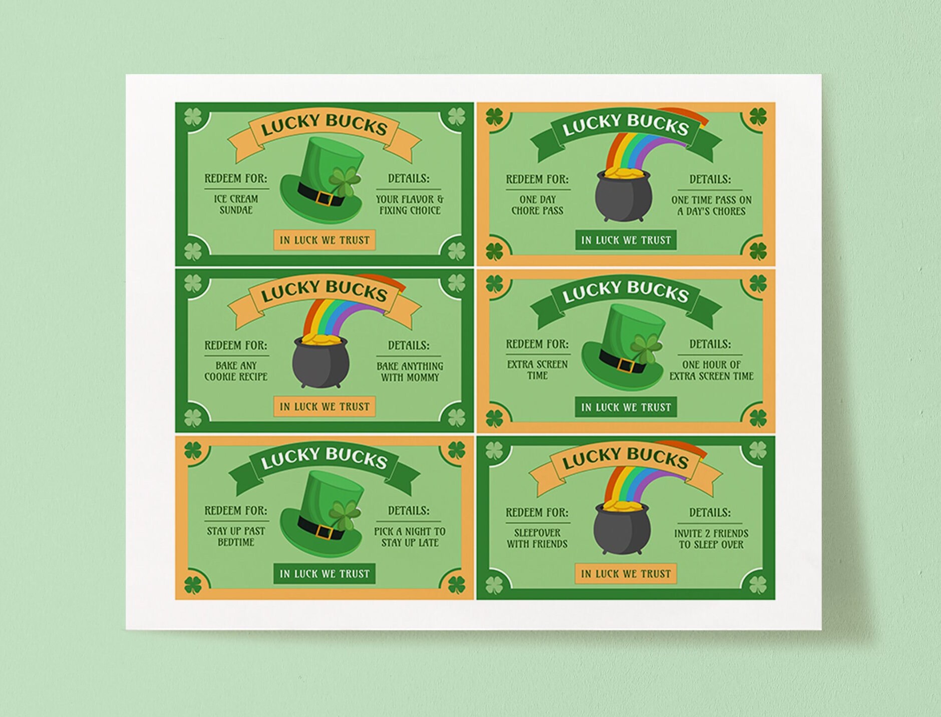 Printable St. Patrick's Day Coupons | Lucky Bucks, Gift for Kid, Saint ...