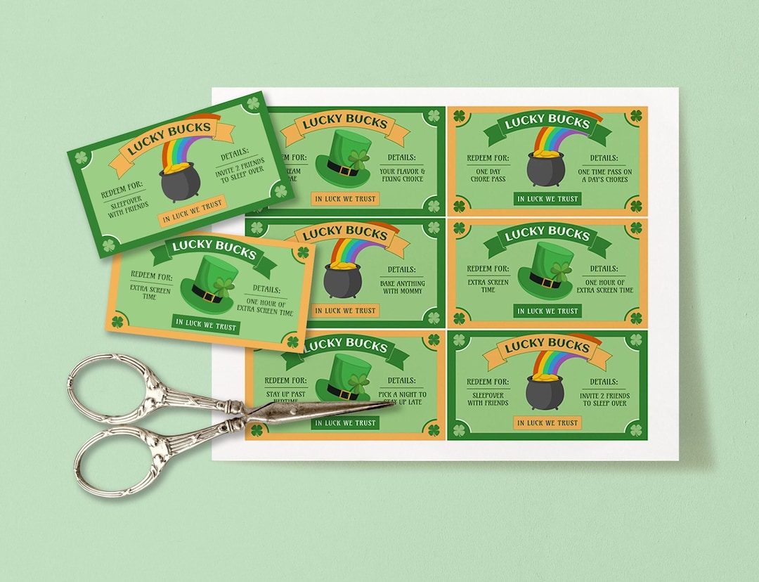 Printable St. Patrick's Day Coupons | Lucky Bucks, Gift for Kid, Saint ...