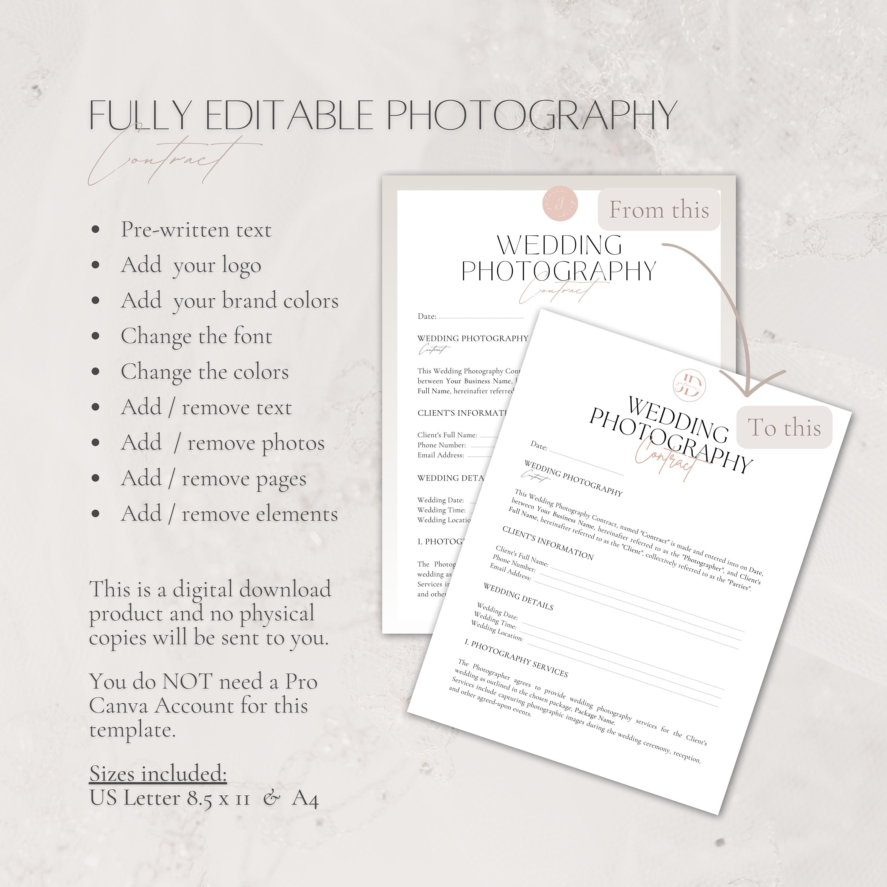 Wedding Photography Contract Template, Elegant Client Agreement, 6-page ...