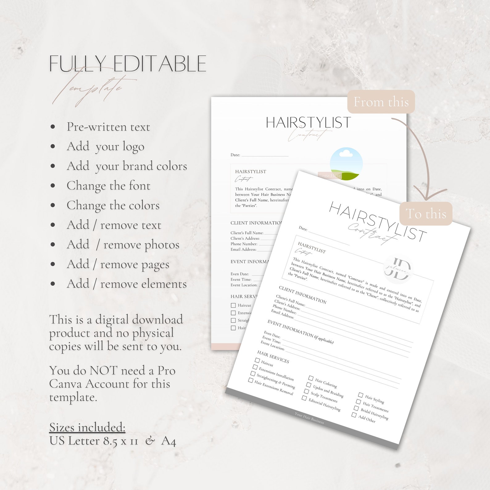 Hairstylist Contract Template, Editable Hair Contract, Professional ...
