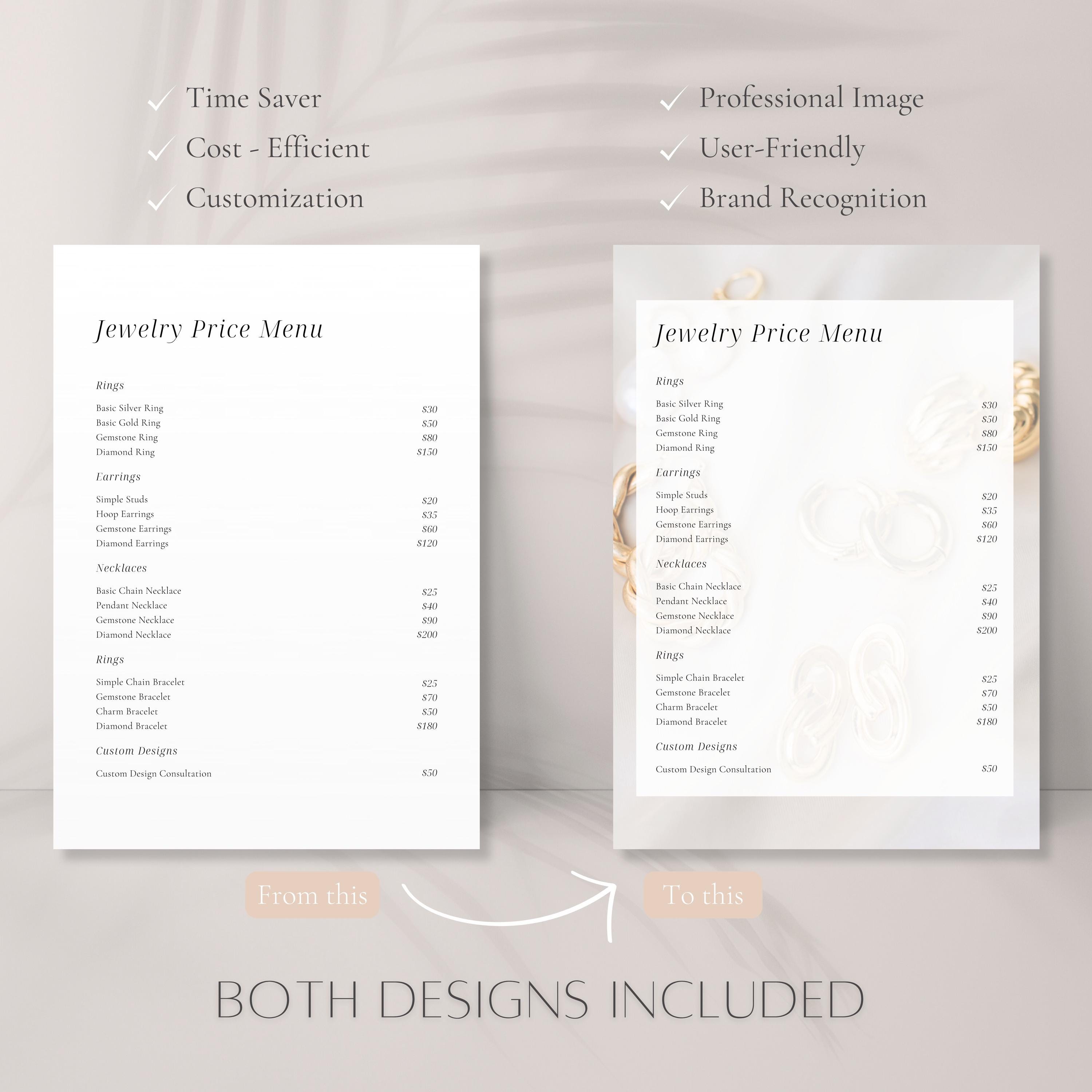 Jewelry Price List Template, Editable Jewellery Pieces Pricing Guide ...
