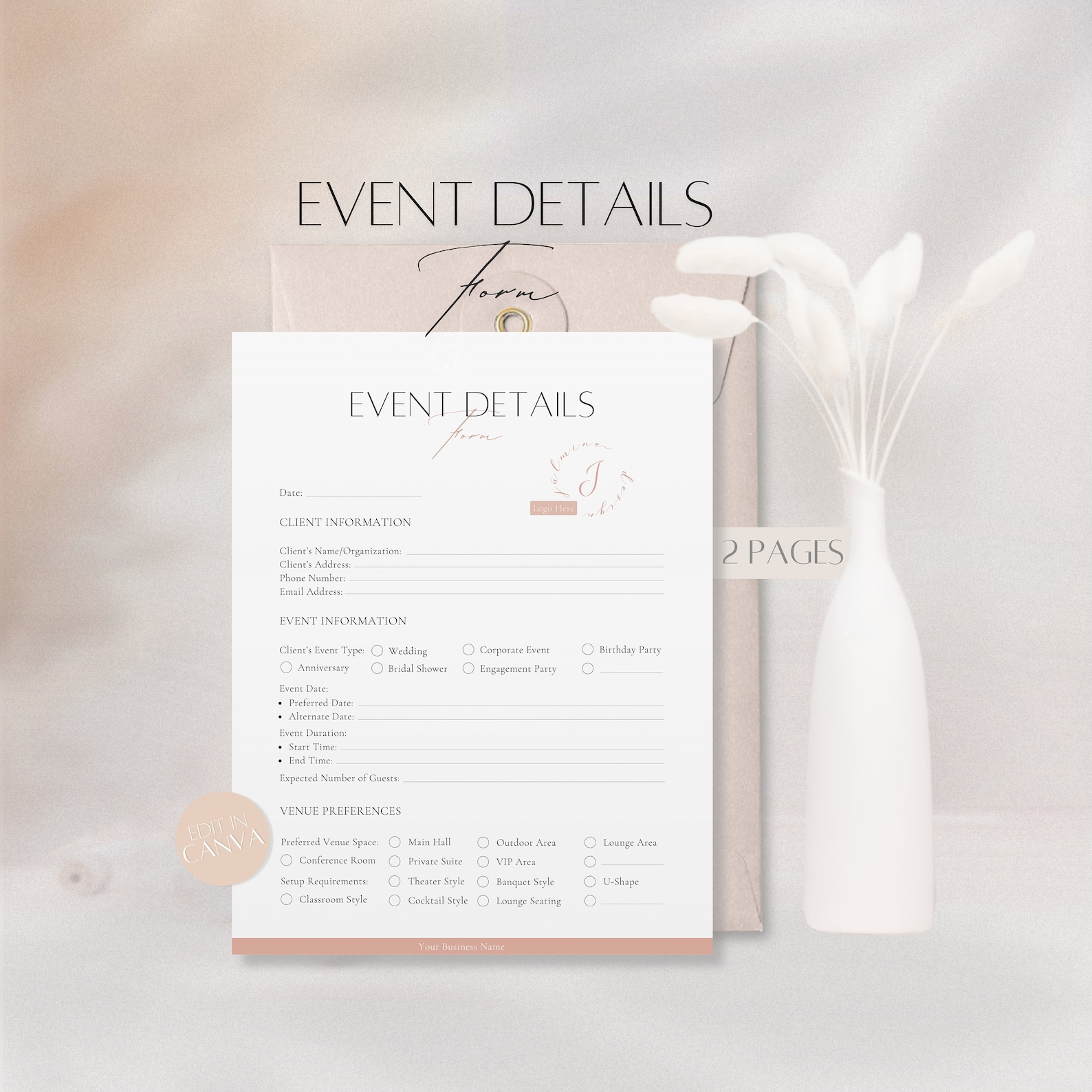 Event Details Form Template, Editable Party Planning Information, Professional Venue Services ...
