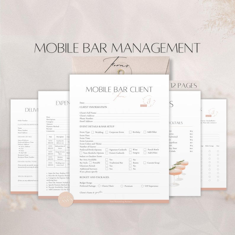 Mobile Bar Business Management Forms, Editable Bartender Order File ...