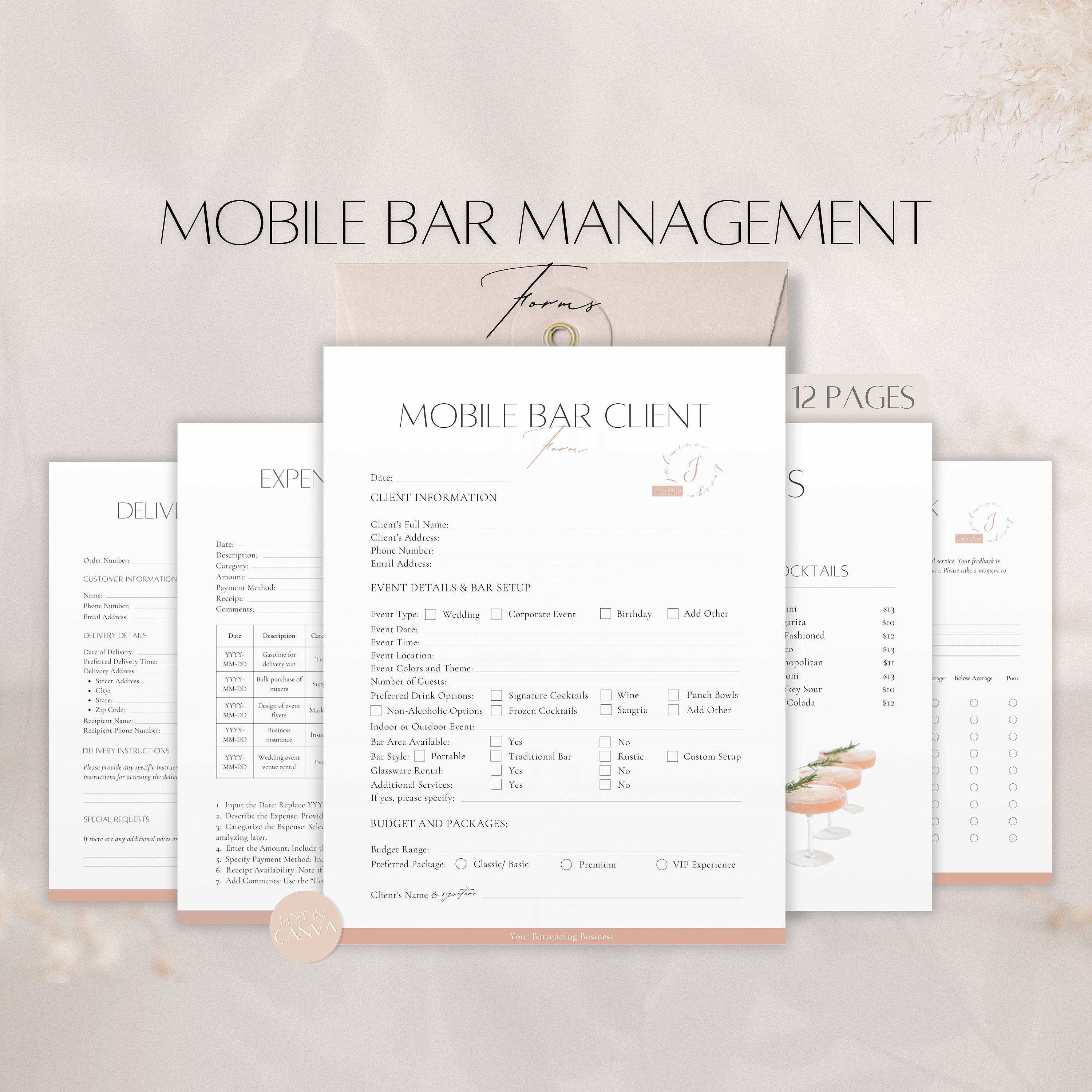Mobile Bar Business Management Forms, Editable Bartender Order File ...