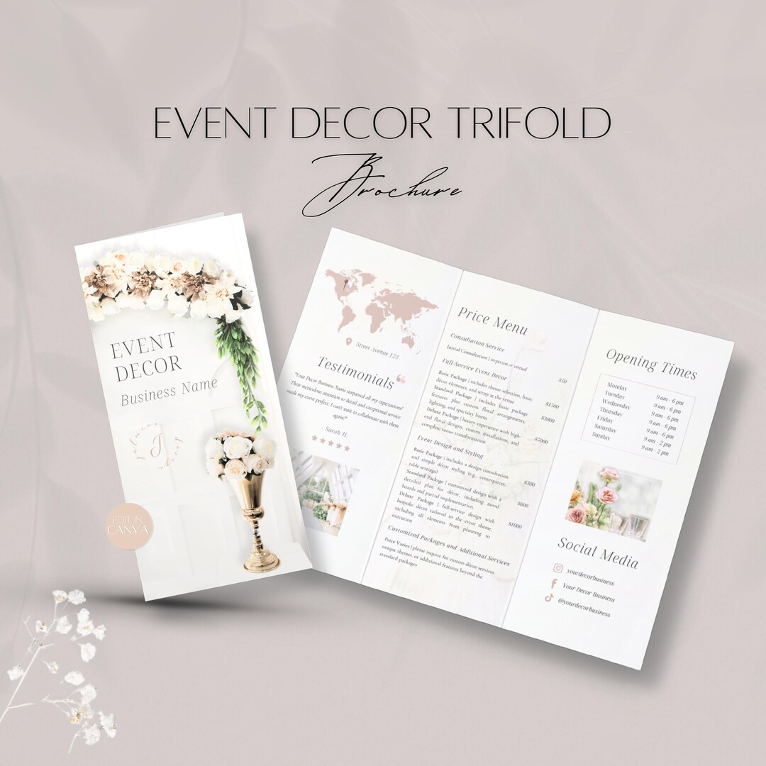 Event Decorator Trifold Brochure, Editable Decor Services Pricing Menu ...