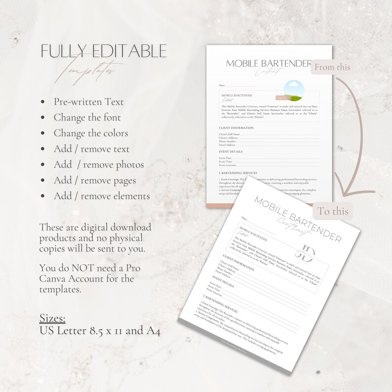Mobile Bar Forms Bundle, Editable Bartending Business Contract ...