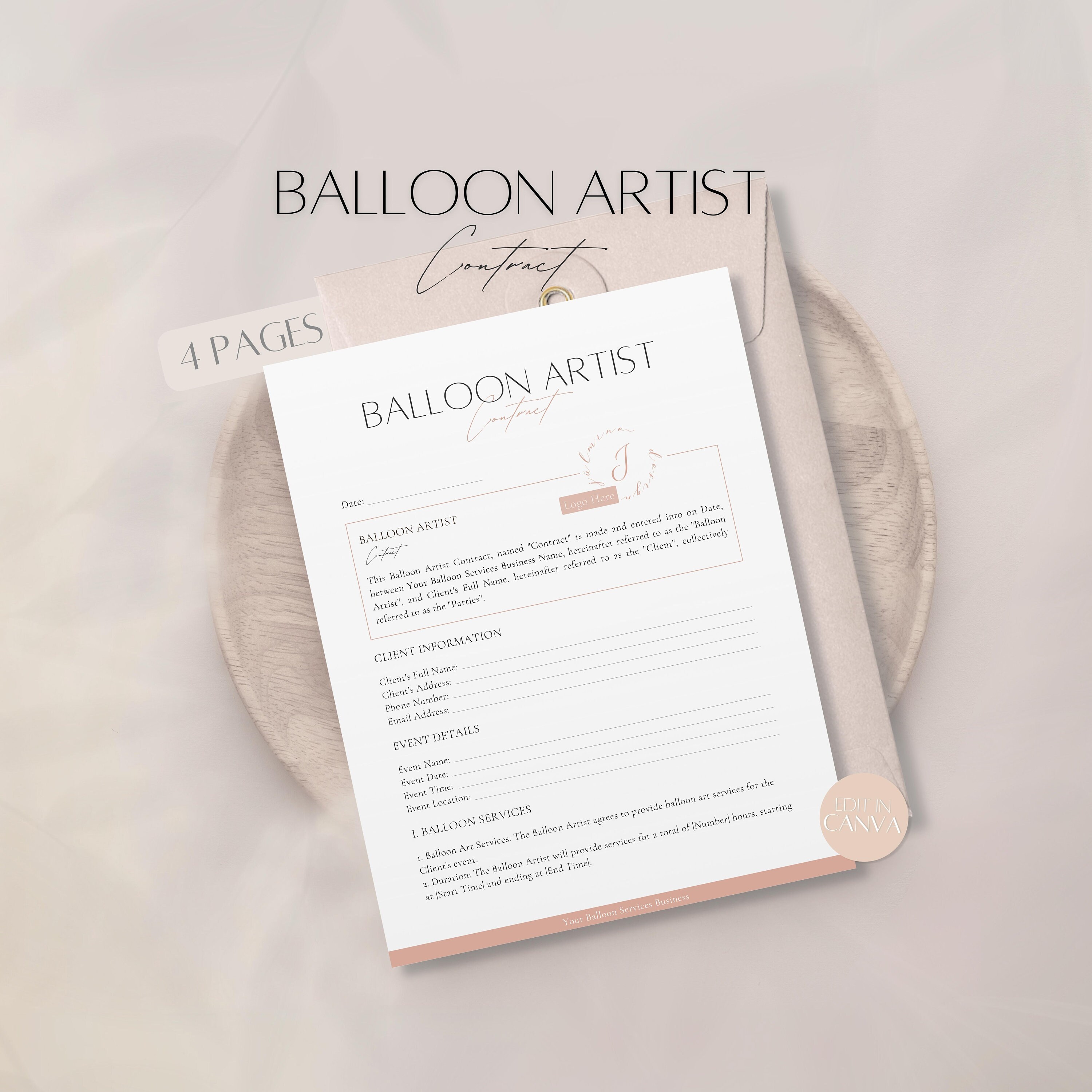 Balloon Service Contract Template, Editable Balloon Artist Form ...