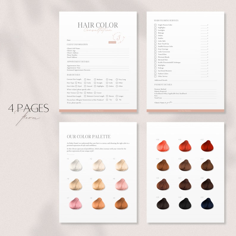 Hair Color Consultation Form, Editable Client Hair Coloring Services ...