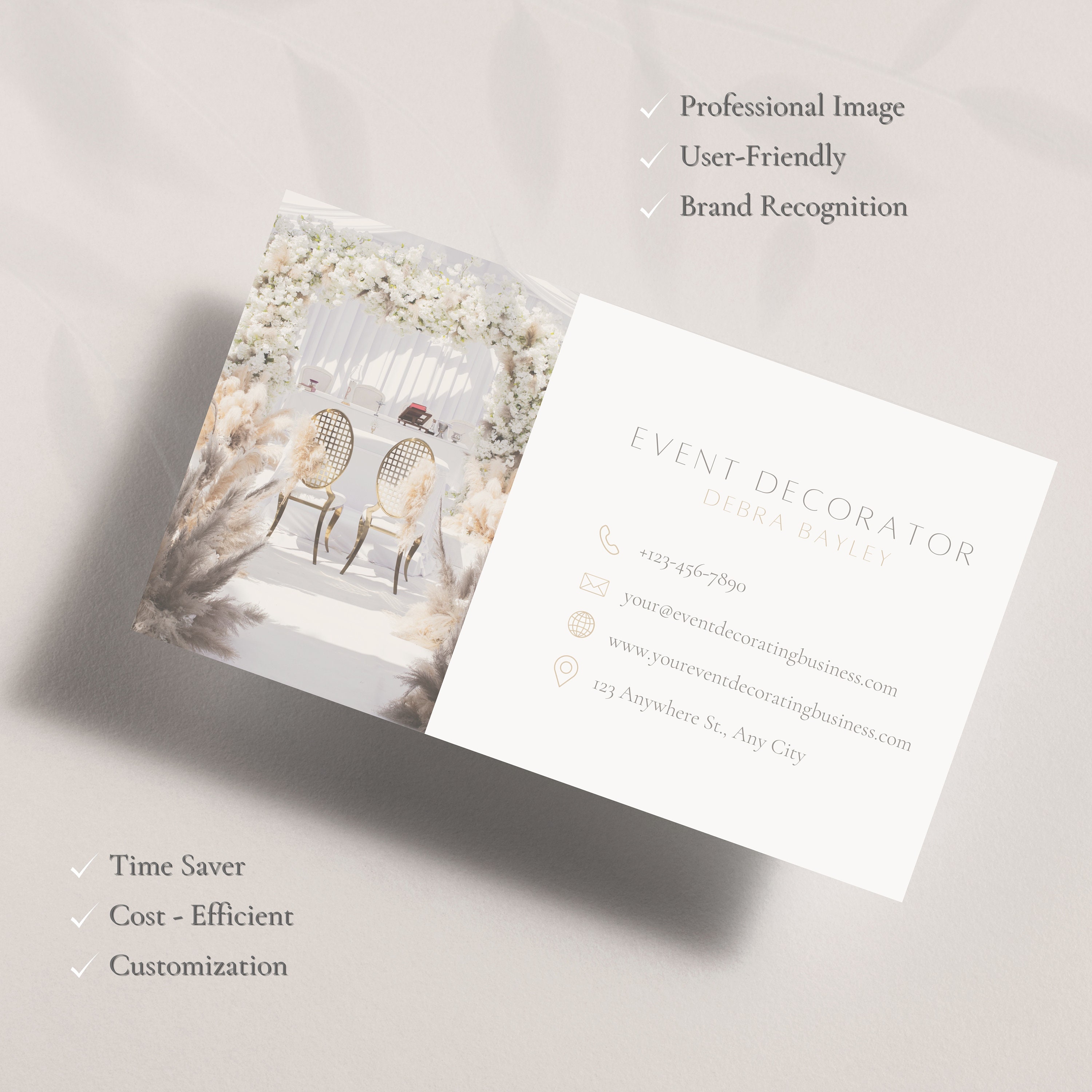 Event Decorator Business Card Template, Editable Decor Info Card Design ...