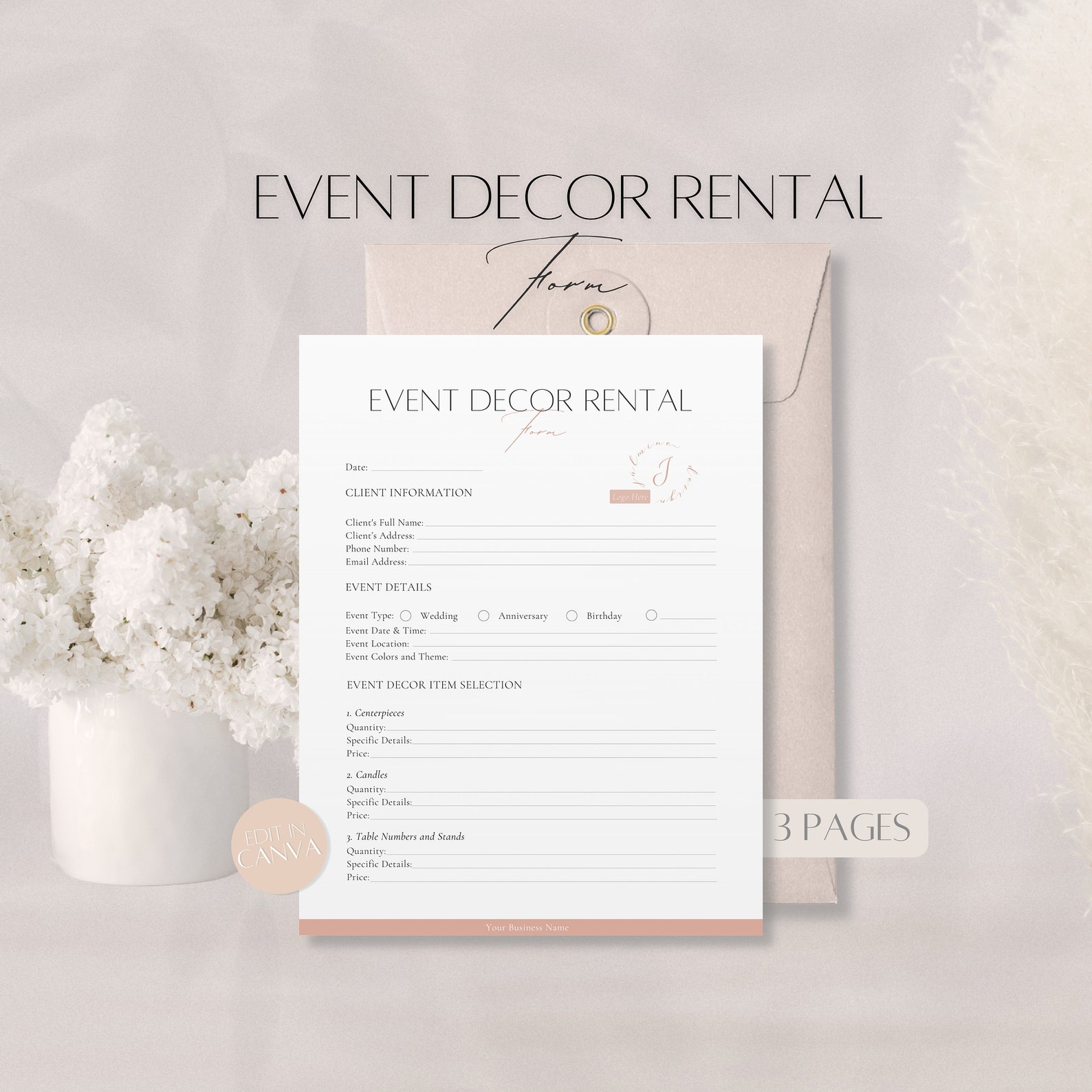 Event Decor Item Rental Form, Editable Event Supplies Rent ...