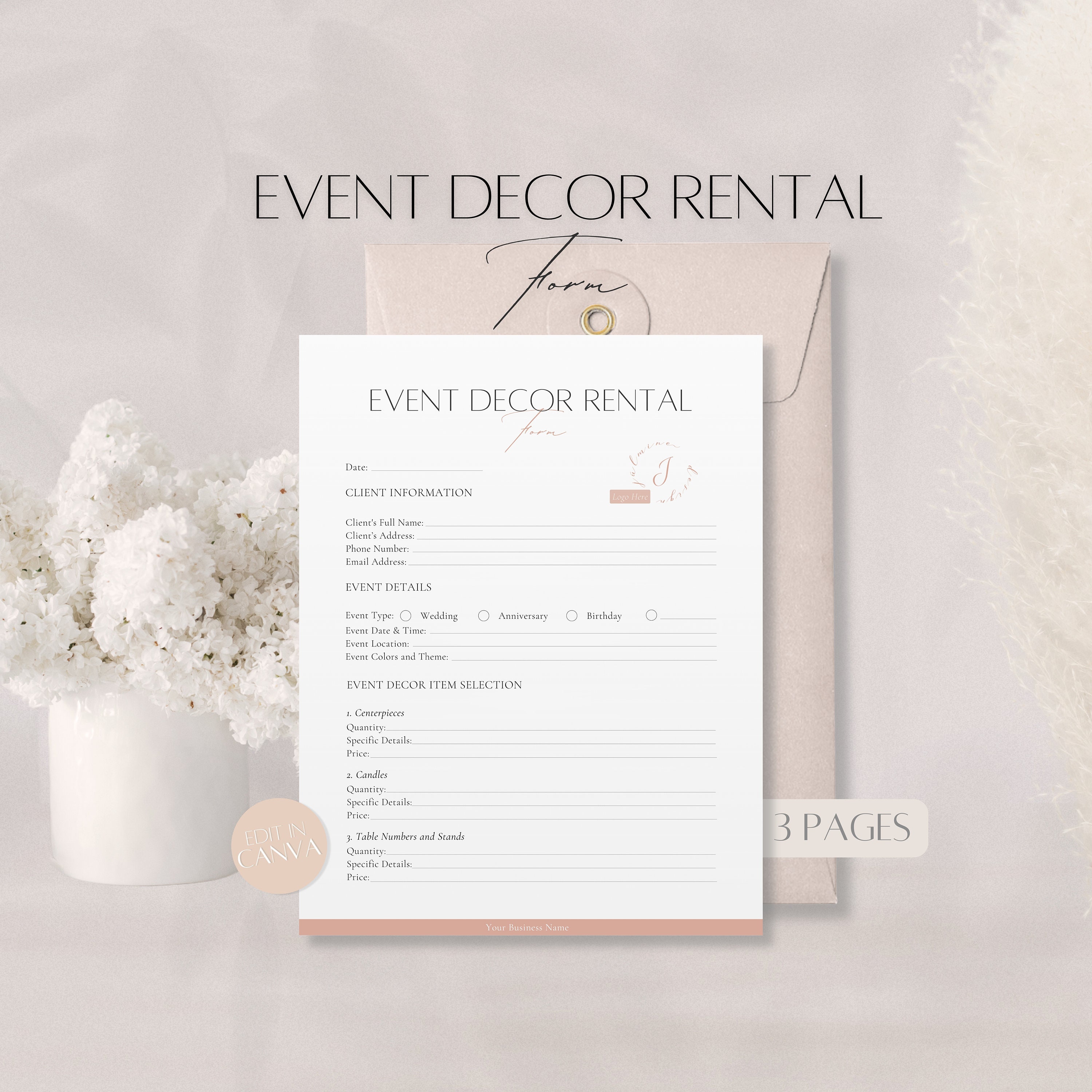 Event Decor Item Rental Form, Editable Event Supplies Rent ...