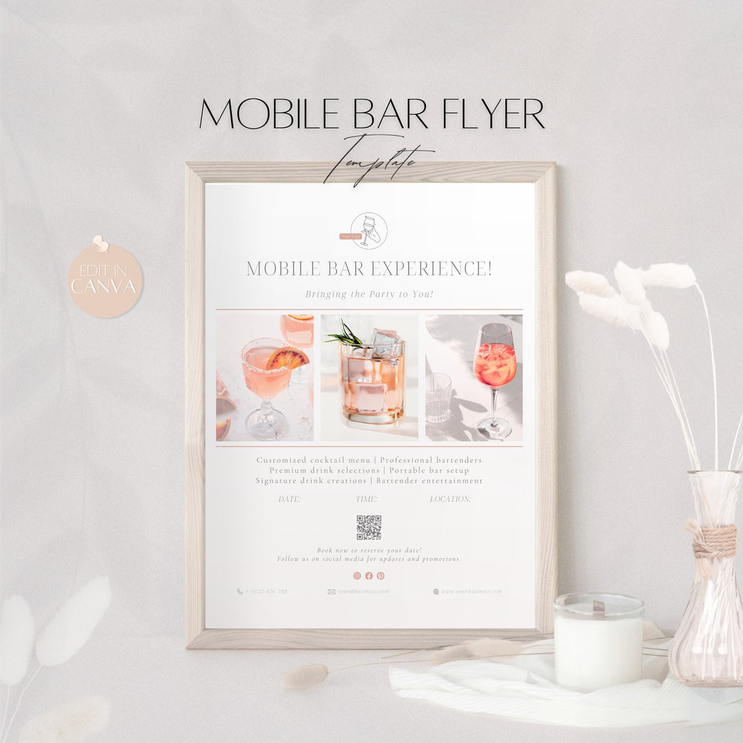 Mobile Bar Flyer Template, Editable Bartender Services Announcement ...