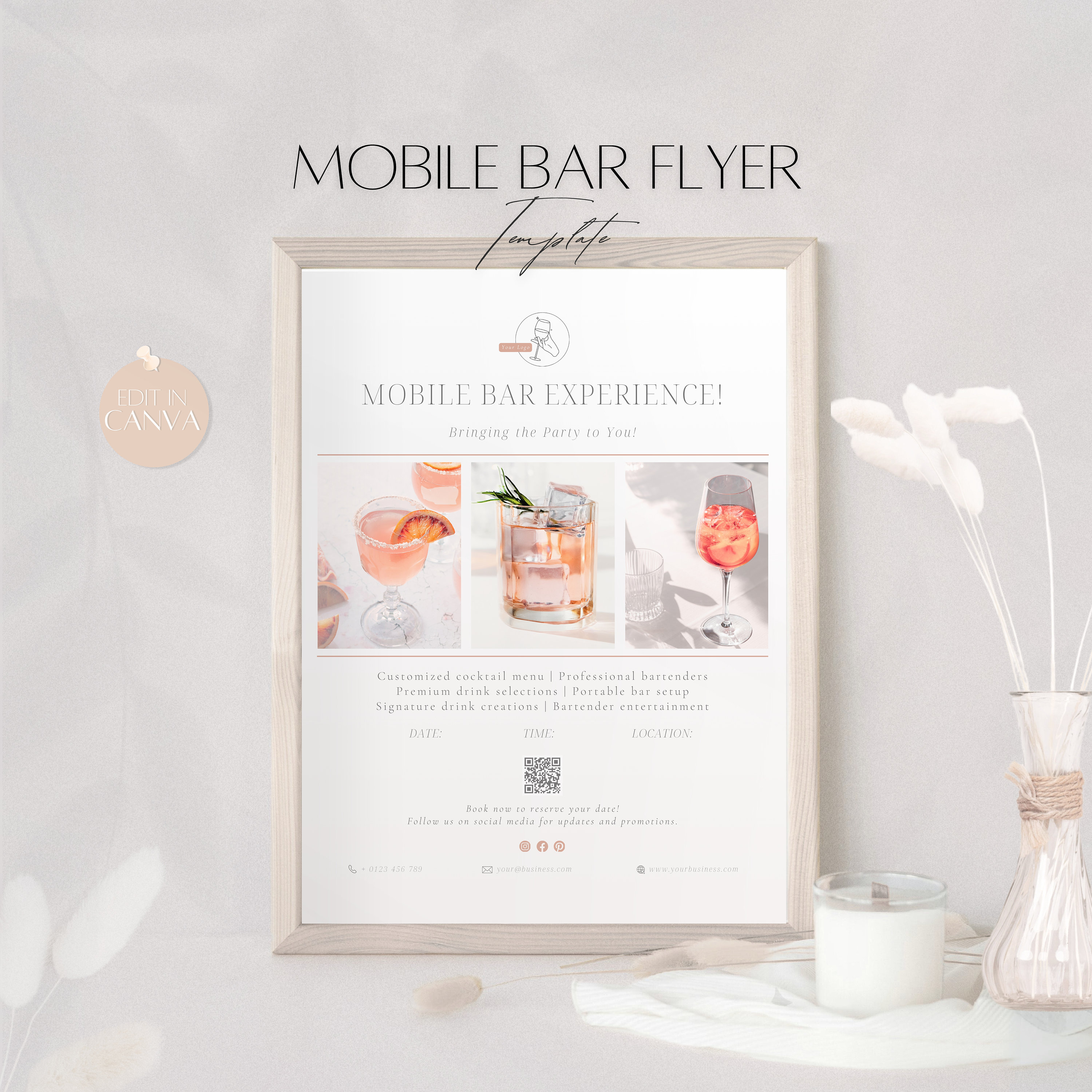 Mobile Bar Flyer Template, Editable Bartender Services Announcement ...