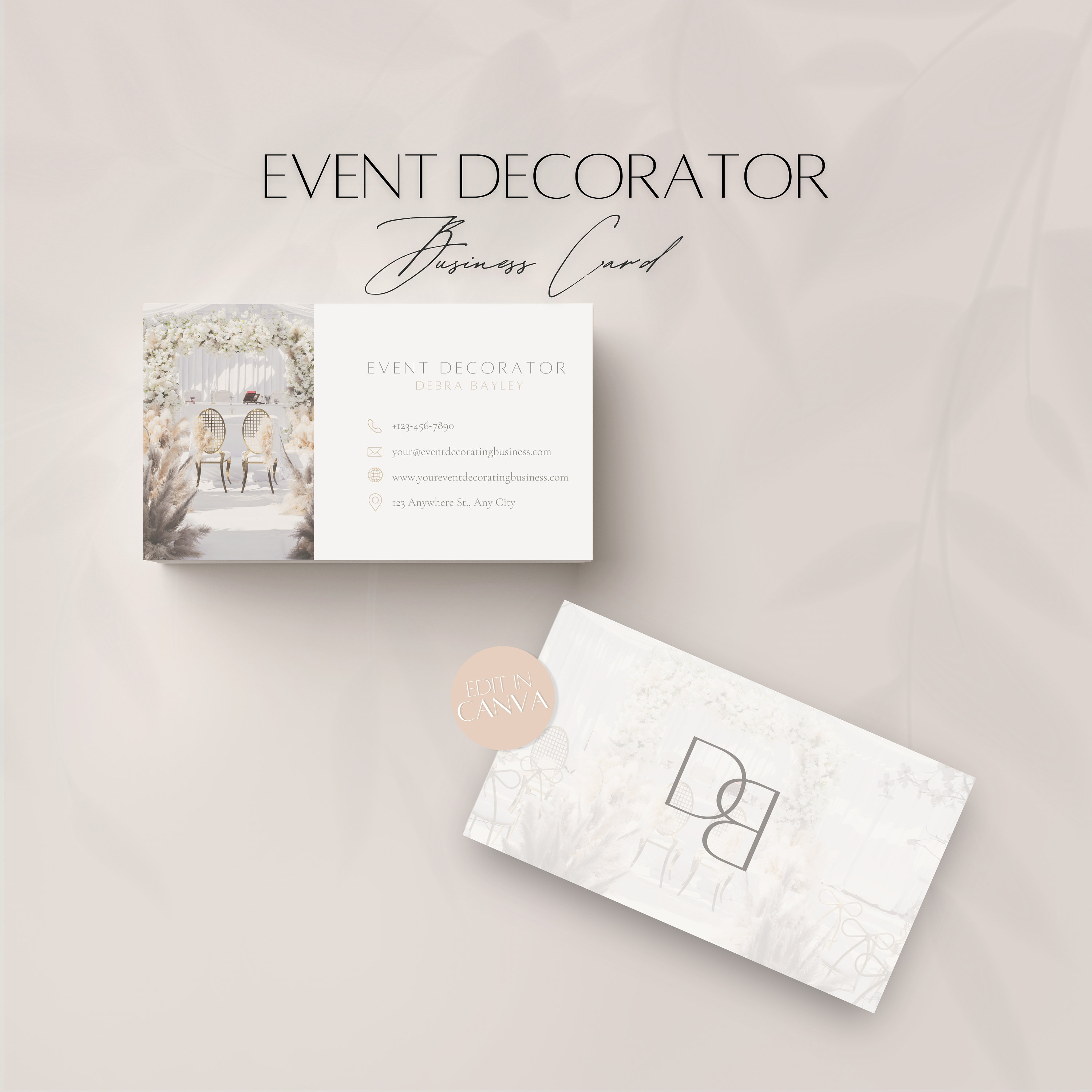 Event Decorator Business Card Template, Editable Decor Info Card Design ...