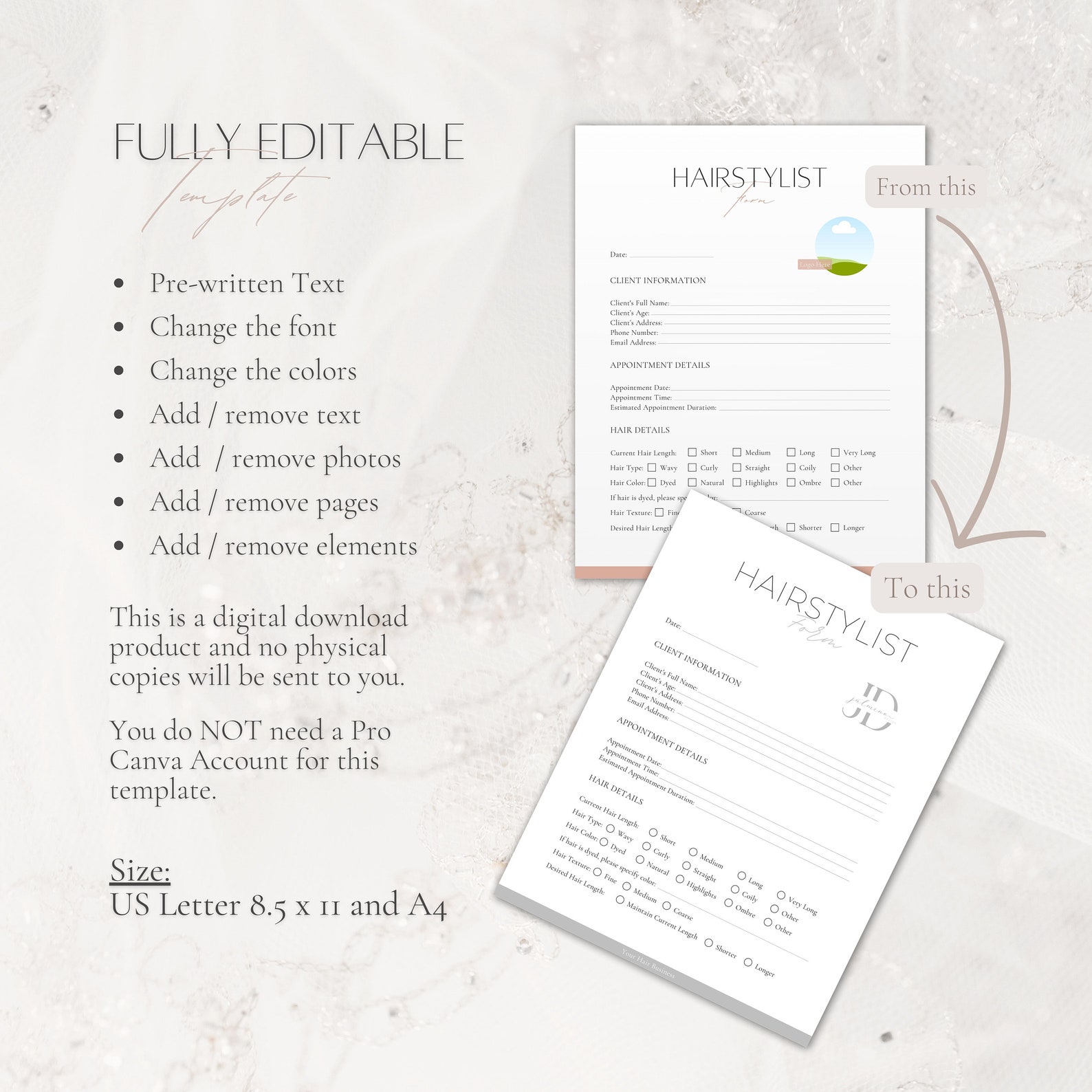 Hair Consultation Form Template, Editable Client Hairstyle Service Form ...