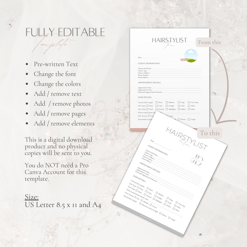 Hair Consultation Form Template, Editable Client Hairstyle Service Form ...