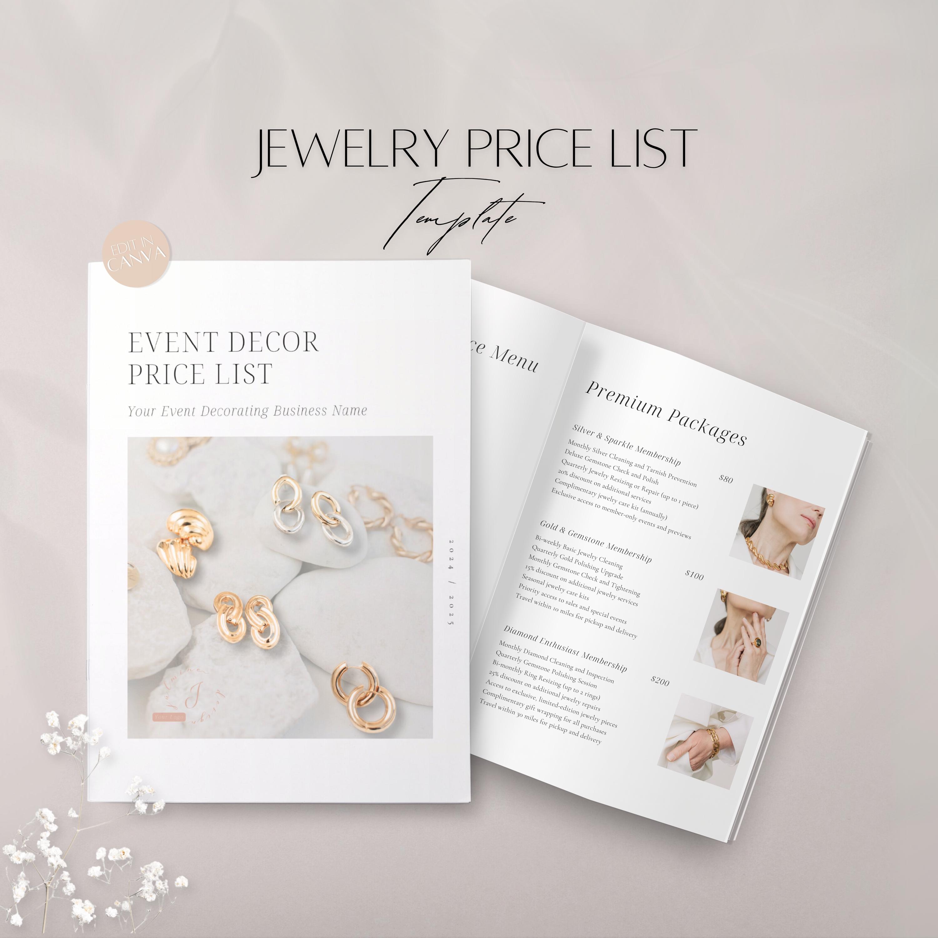 Jewelry Price List Template, Editable Jewellery Pieces Pricing Guide ...