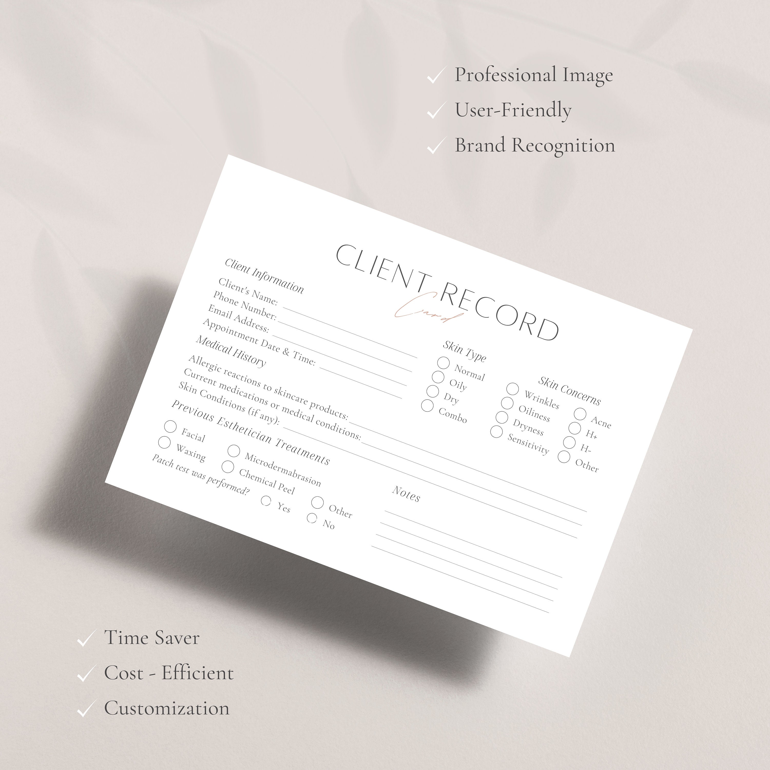 Esthetician Client Record Card Template, Editable Beauty Service ...