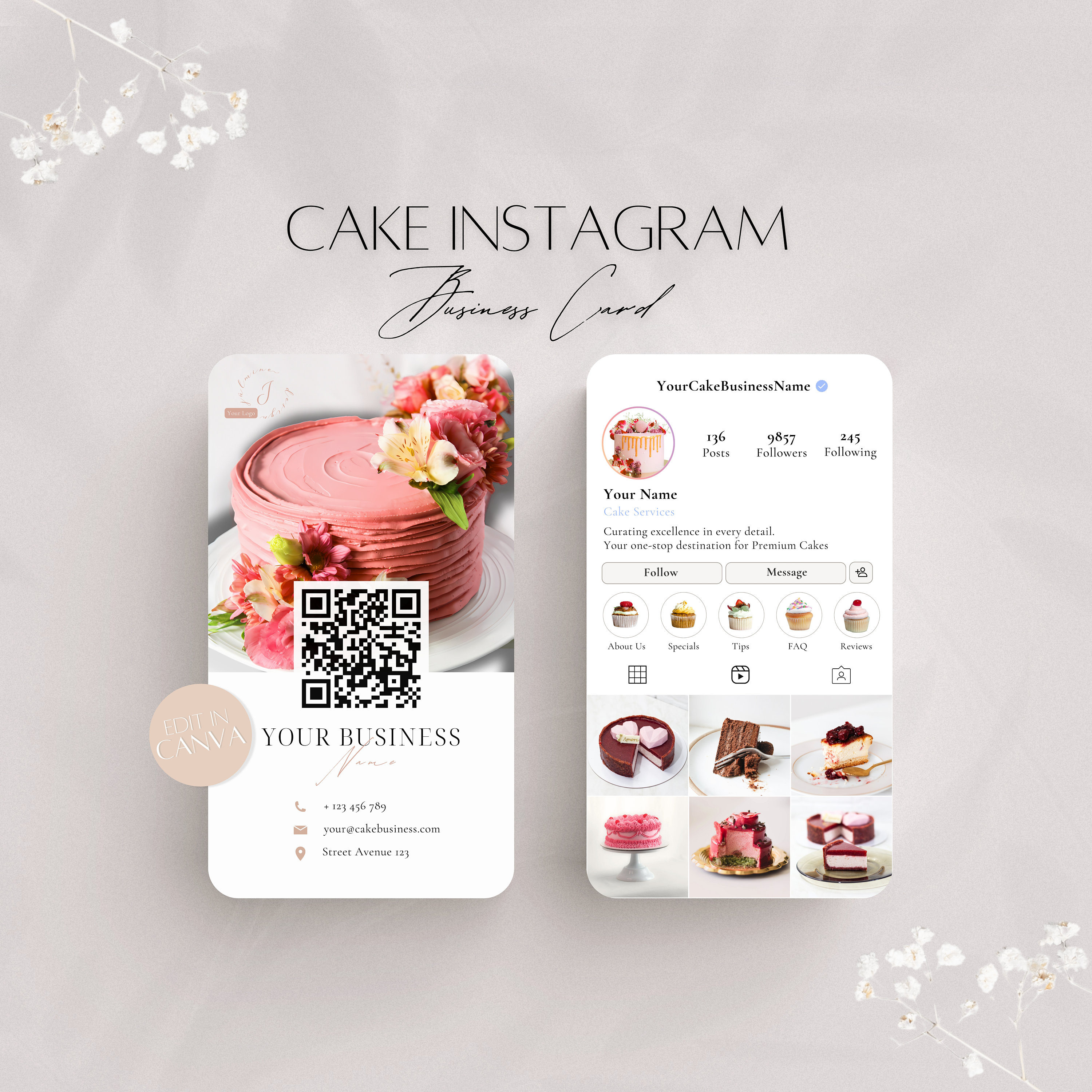 Cake Instagram Business Card Template, Editable Cake Business Card ...