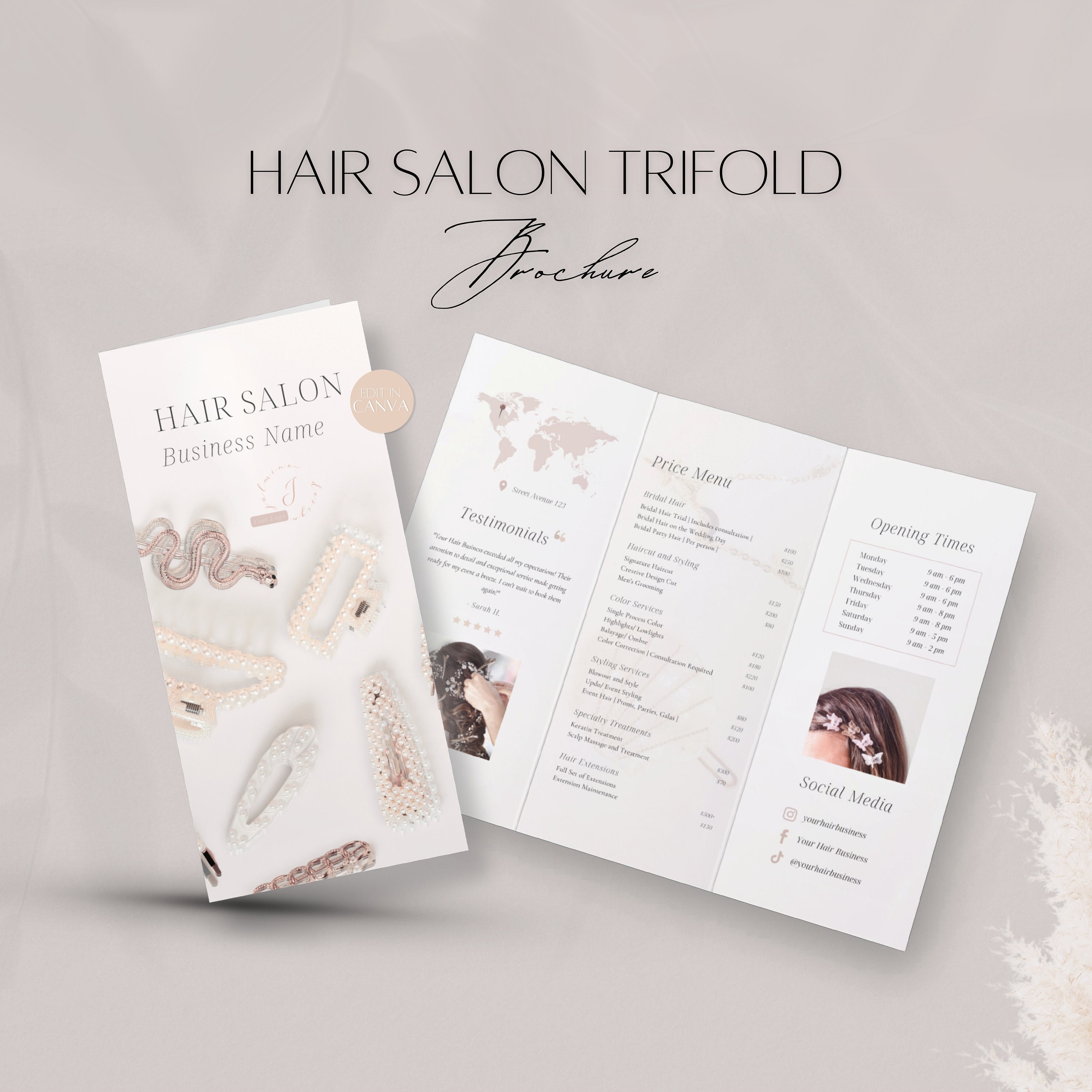 Hair Salon Brochure Template, Editable Hairdresser Trifold Booklet ...