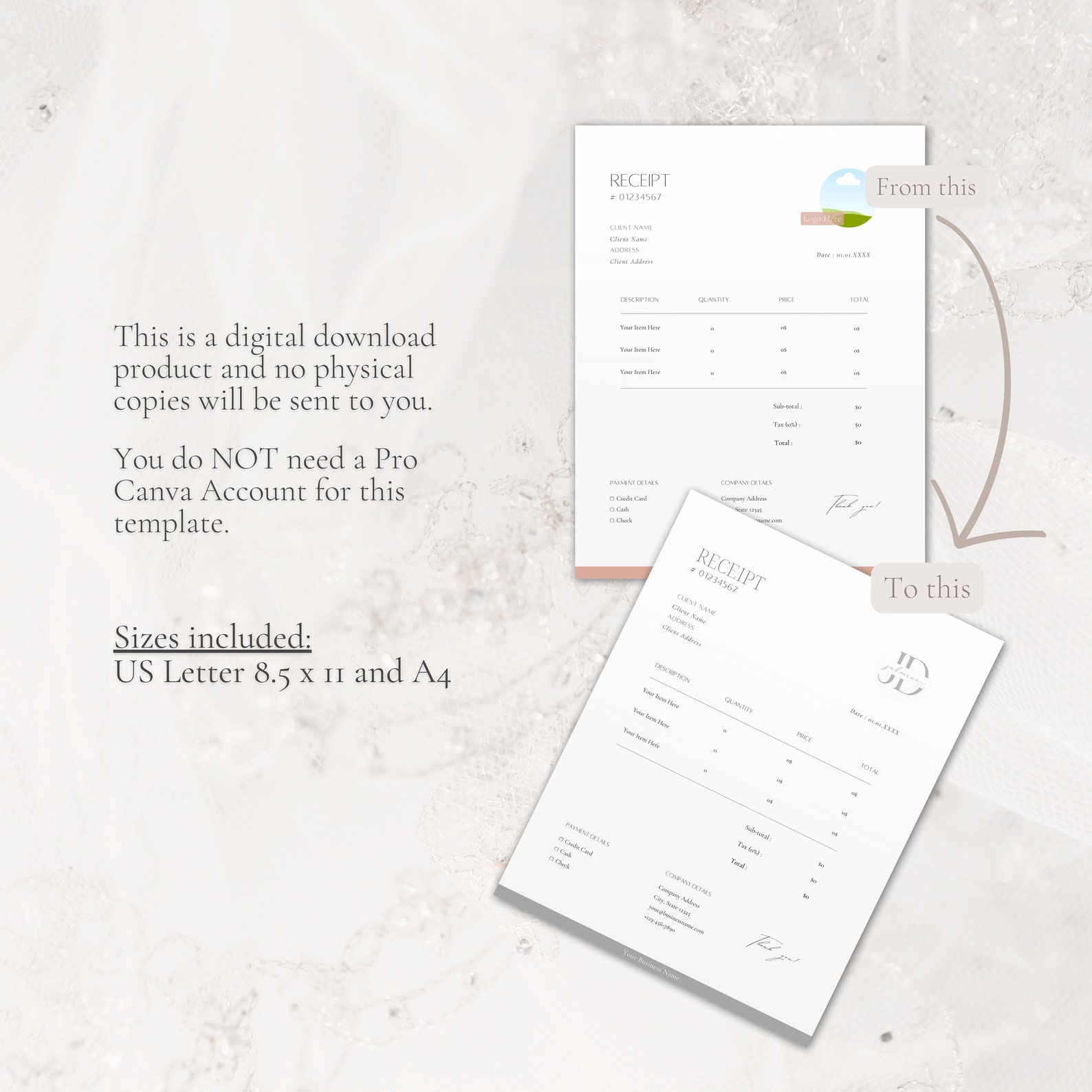 Receipt Template, Editable Receipt for Clients, Printable Billing Form ...