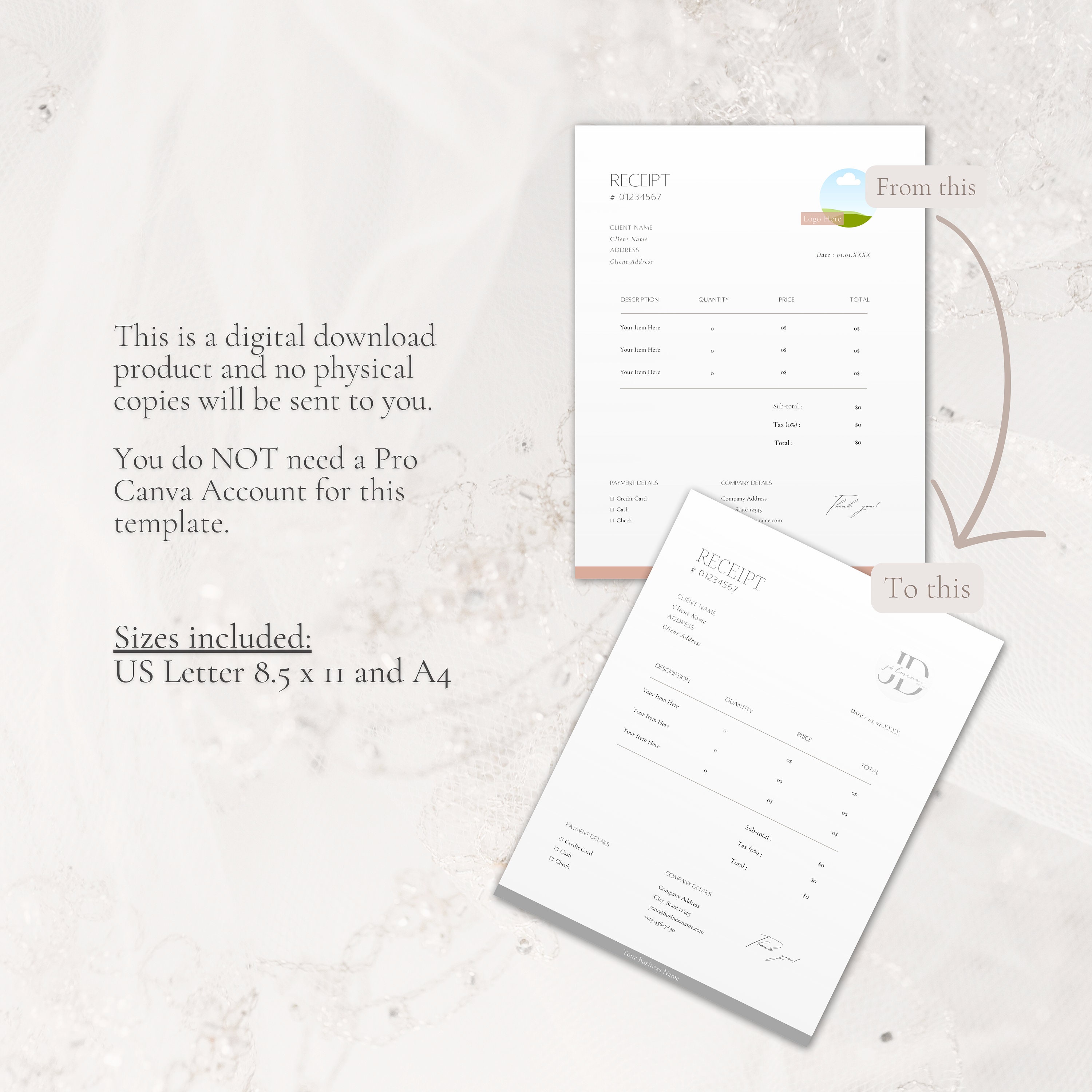 Receipt Template, Editable Receipt for Clients, Printable Billing Form ...