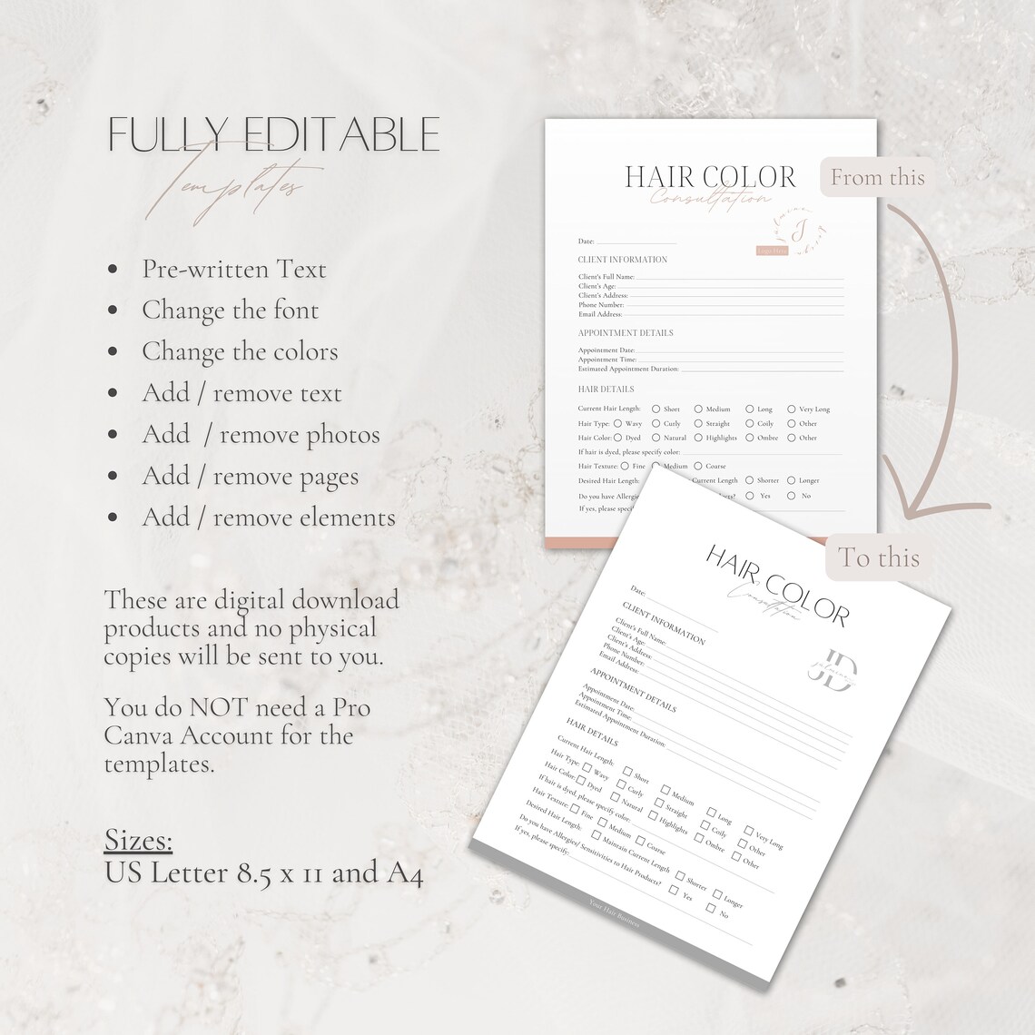 Hair Color Consultation Form, Editable Client Hair Coloring Services ...