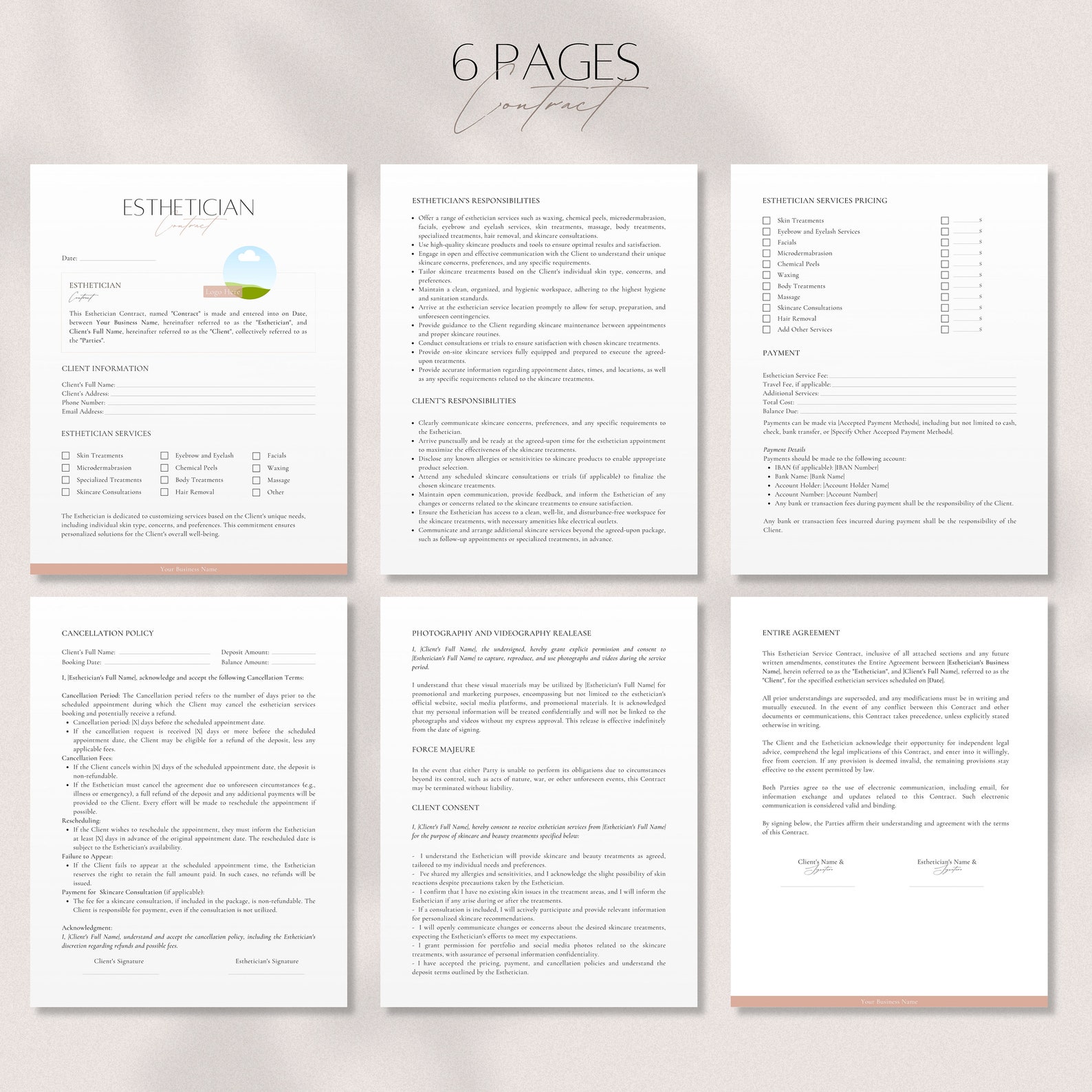 Esthetician Contract Template, Editable Beauty Service Agreement ...