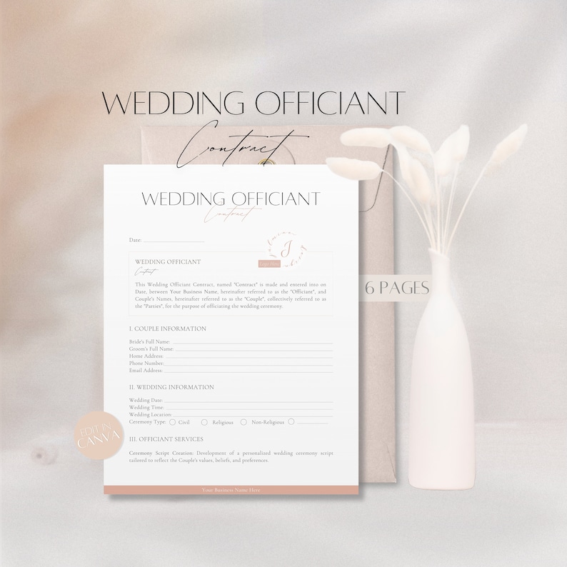 Wedding Officiant Contract Template, Editable Ceremony Couple Agreement ...