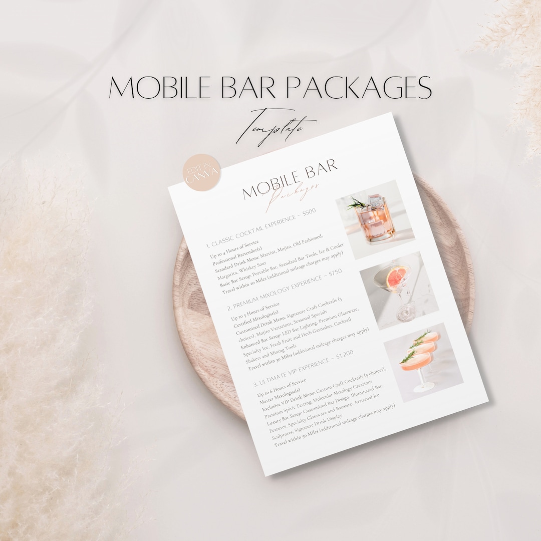Mobile Bar Package List Template, Editable Bartender Services Pricing ...
