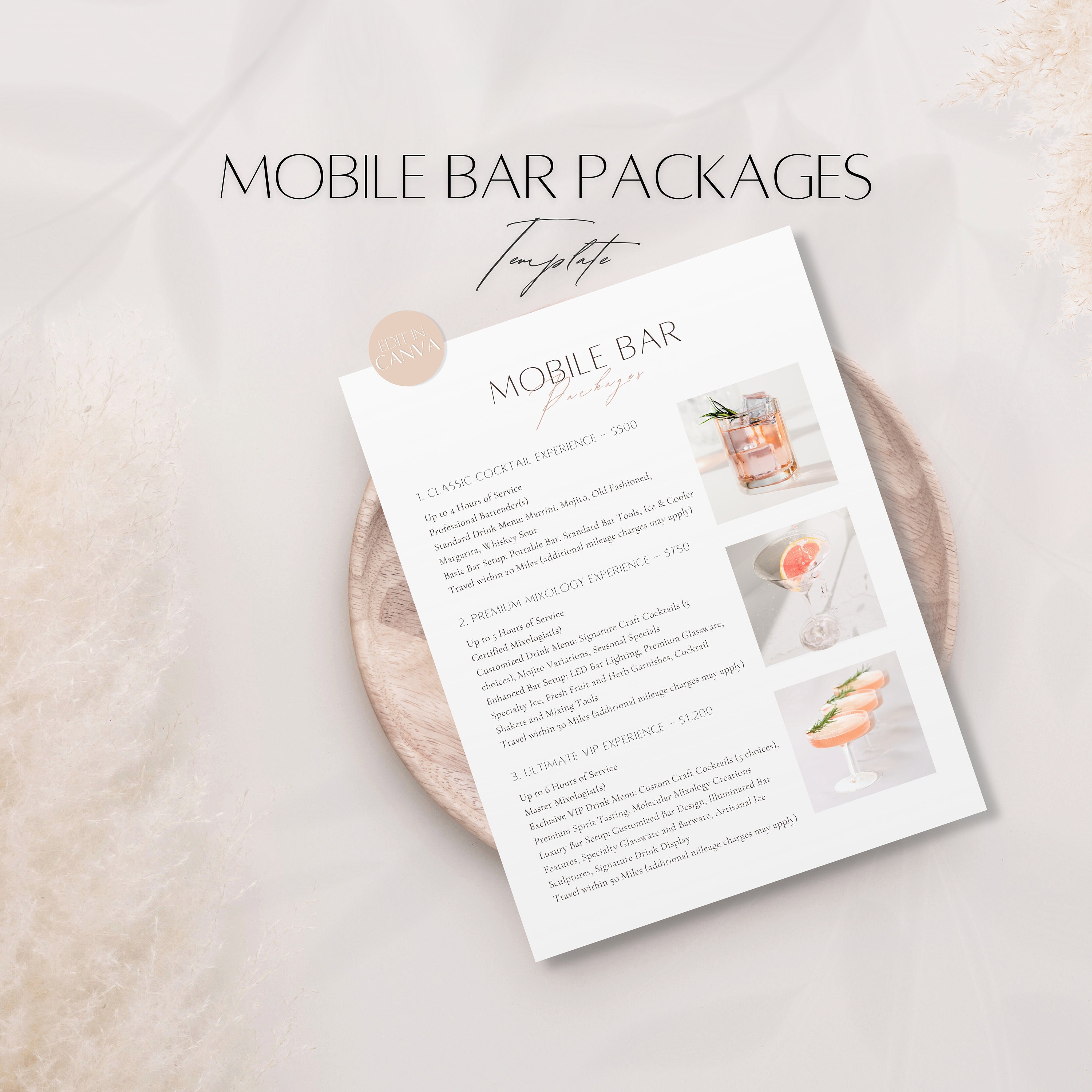 Mobile Bar Package List Template, Editable Bartender Services Pricing ...