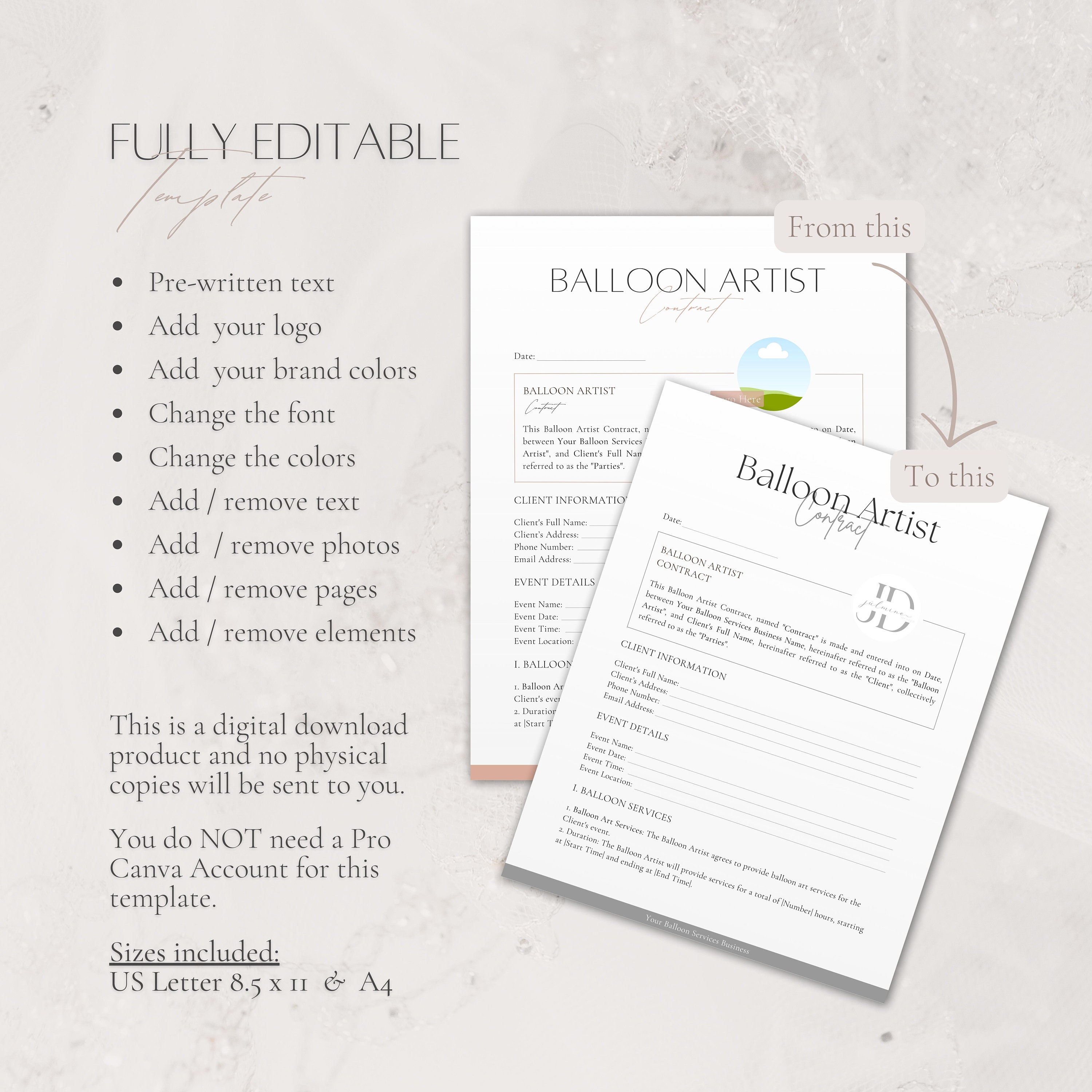 Balloon Service Contract Template, Editable Balloon Artist Form ...