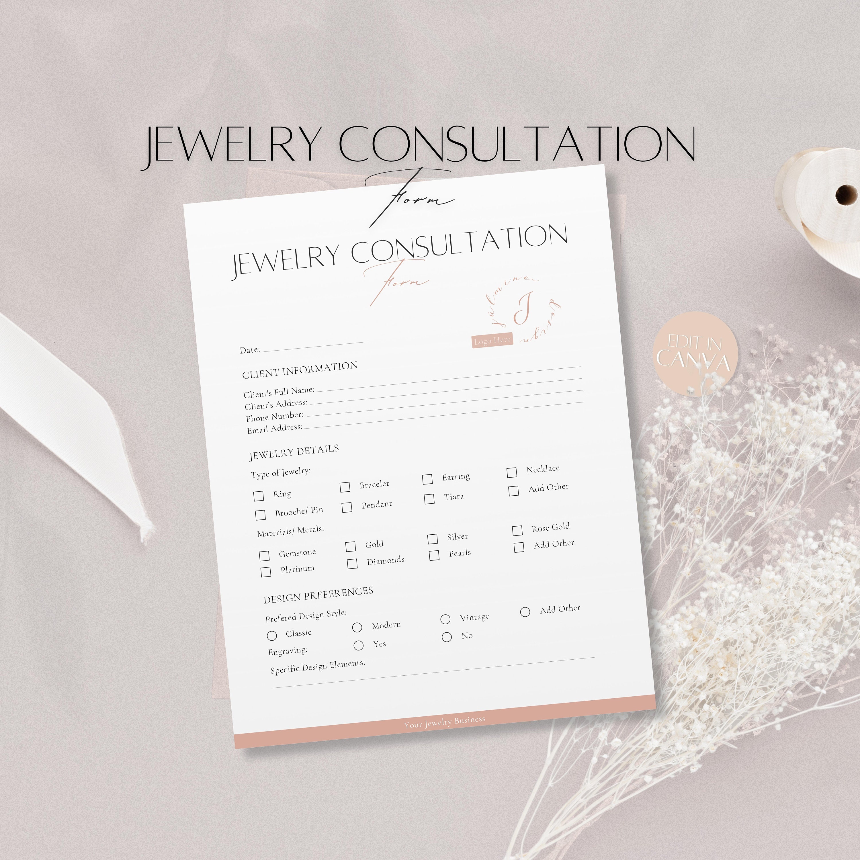Jewelry Consultation Form Template, Editable Client Jewelry Service ...