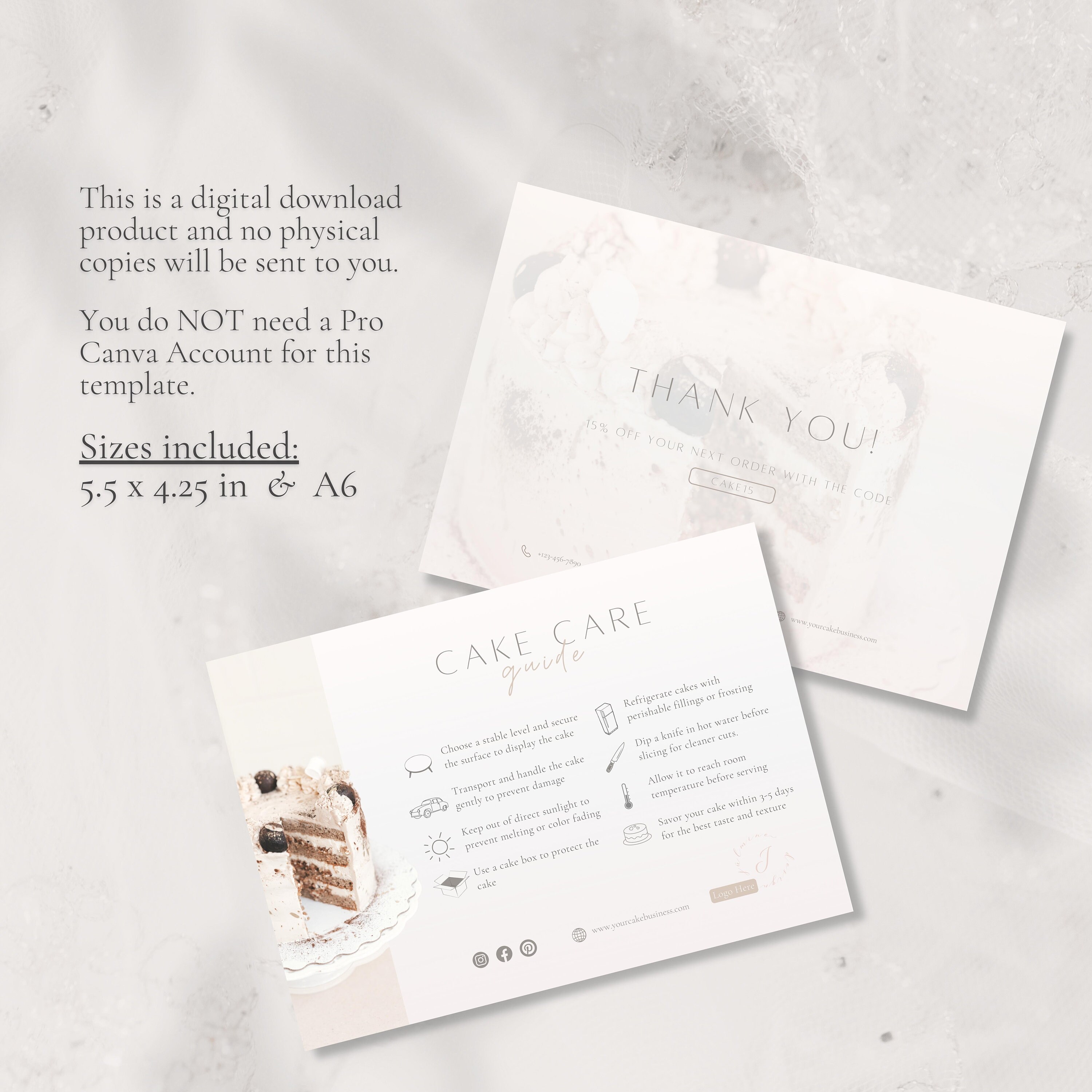 Cake Care Card Template, Instructions Card for Cakes, Professional ...