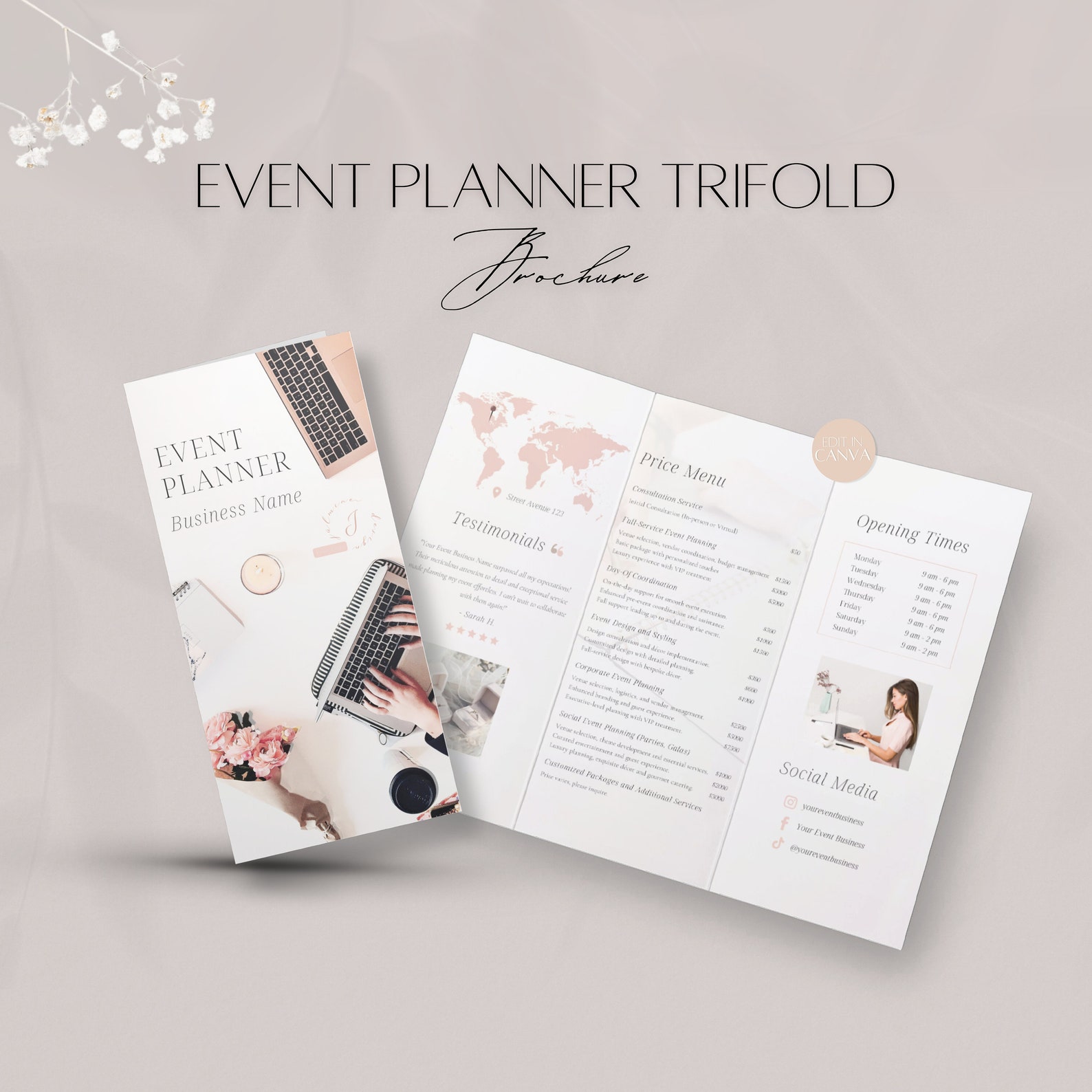 Event Services Trifold Brochure Template, Editable Event Planner Pricing Menu, Professional ...