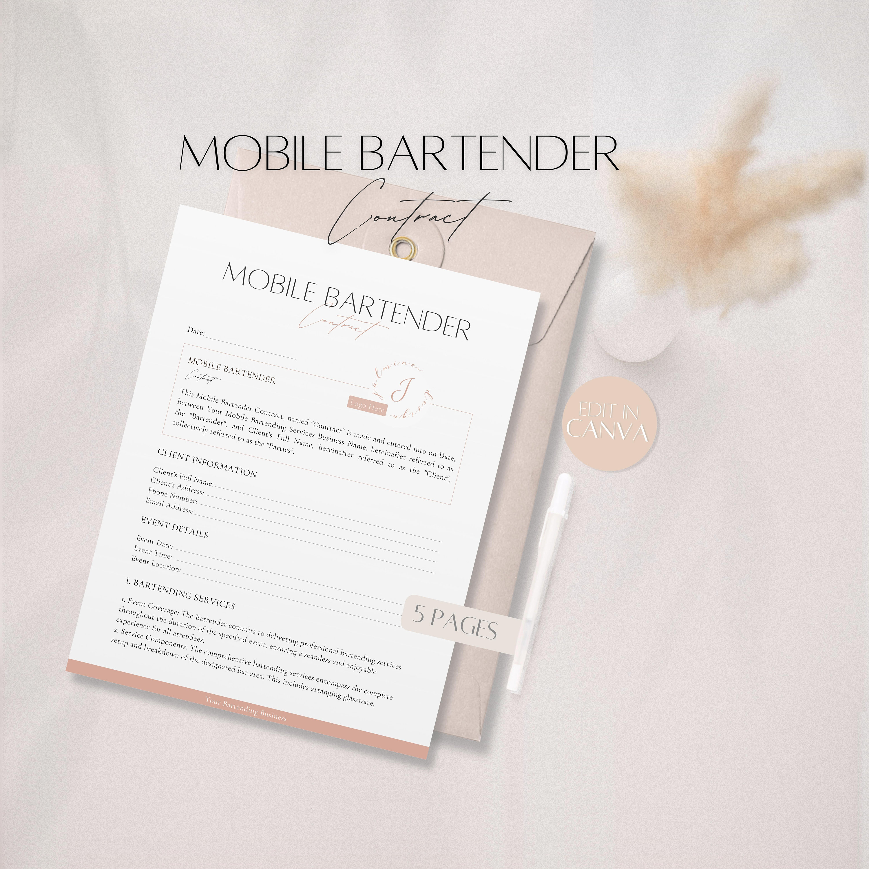 Mobile Bar Contract Template, Editable Bartender Services Canva Form ...