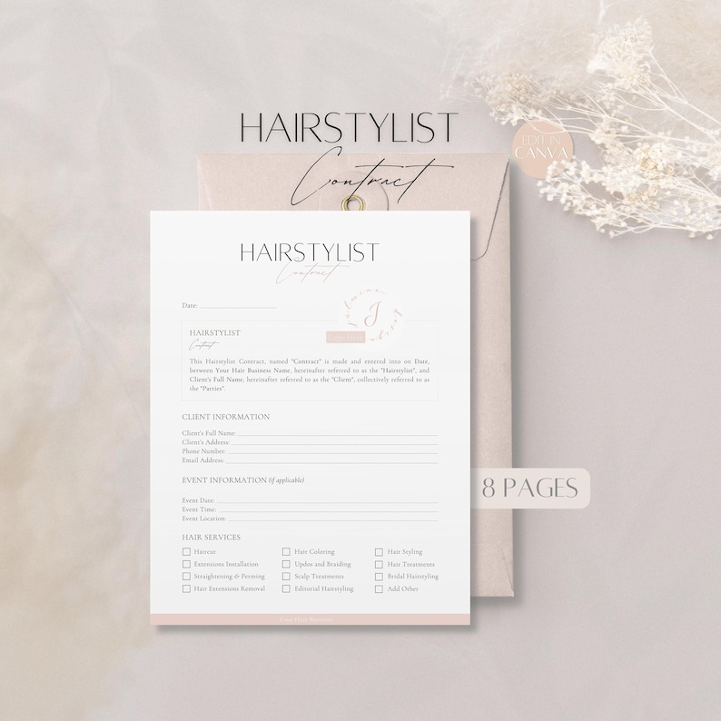 Hairstylist Contract Template, Editable Hair Contract, Professional ...