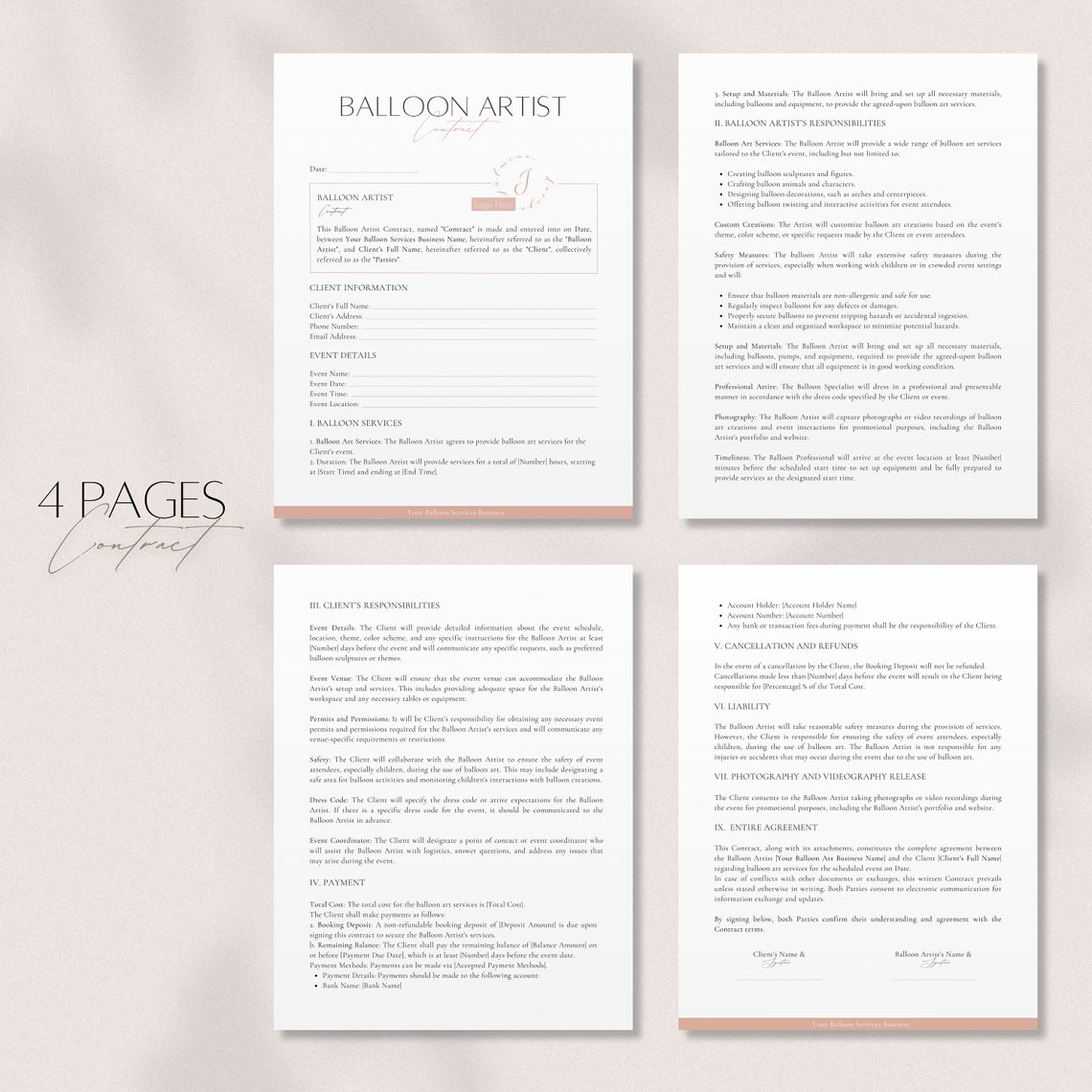Balloon Service Contract Template, Editable Balloon Artist Form ...