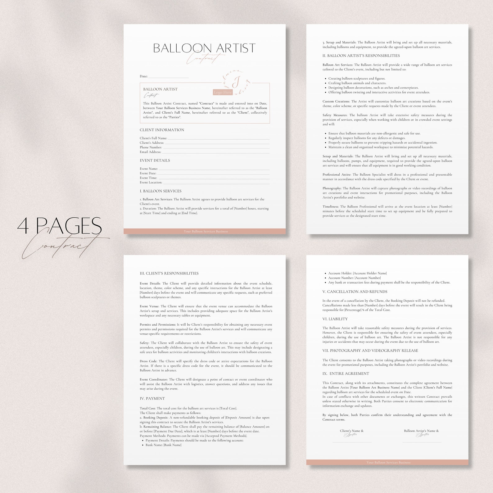 Balloon Service Contract Template, Editable Balloon Artist Form ...